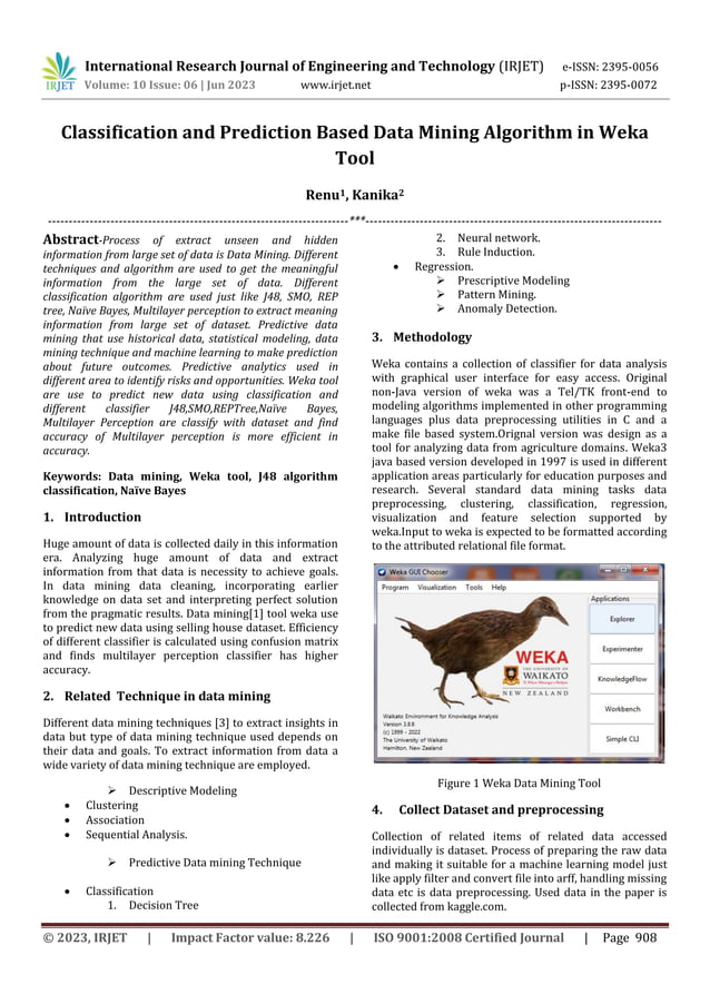 Classification and Prediction Based Data Mining Algorithm in Weka Tool | PDF