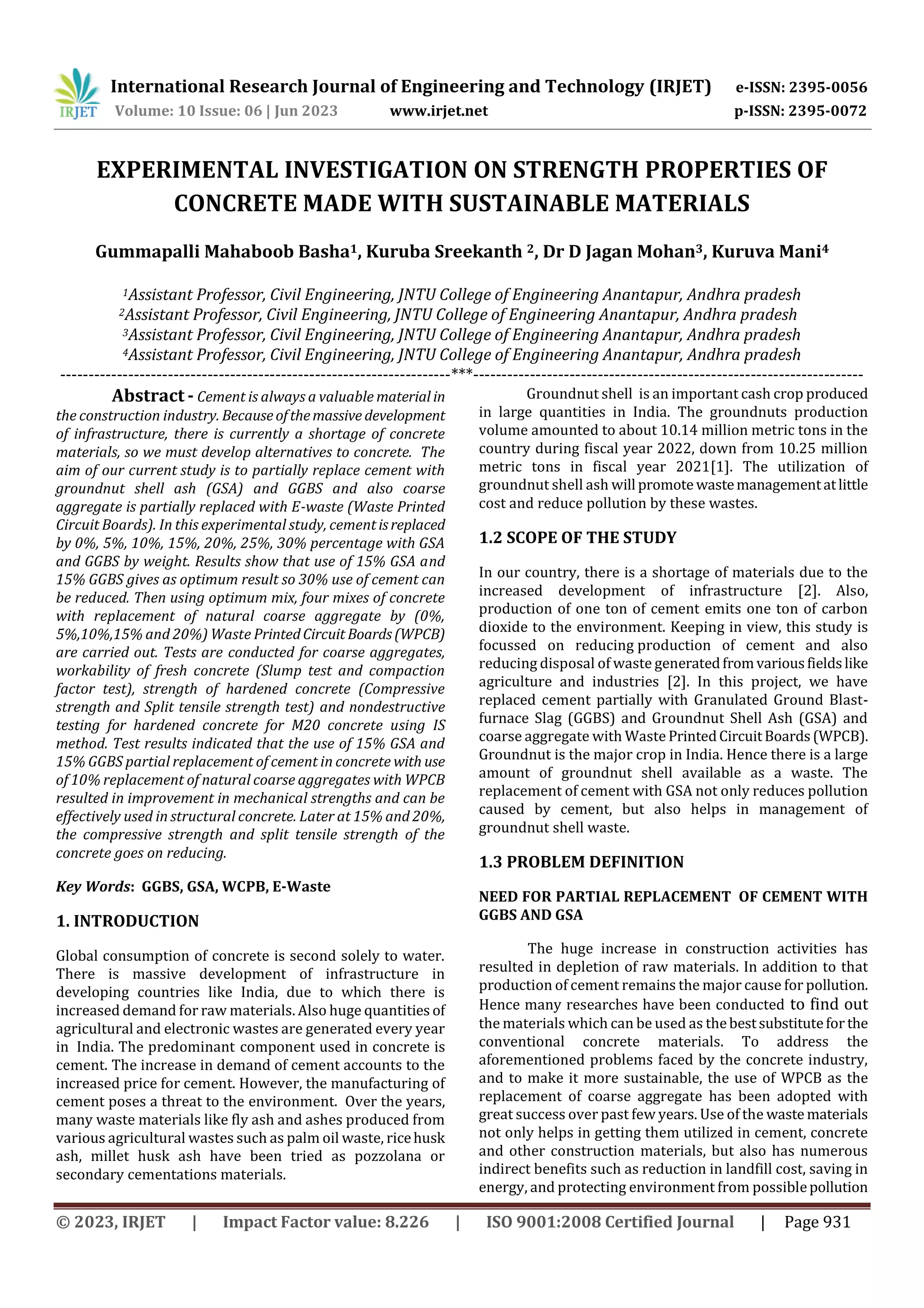EXPERIMENTAL INVESTIGATION ON STRENGTH PROPERTIES OF CONCRETE MADE WITH ...