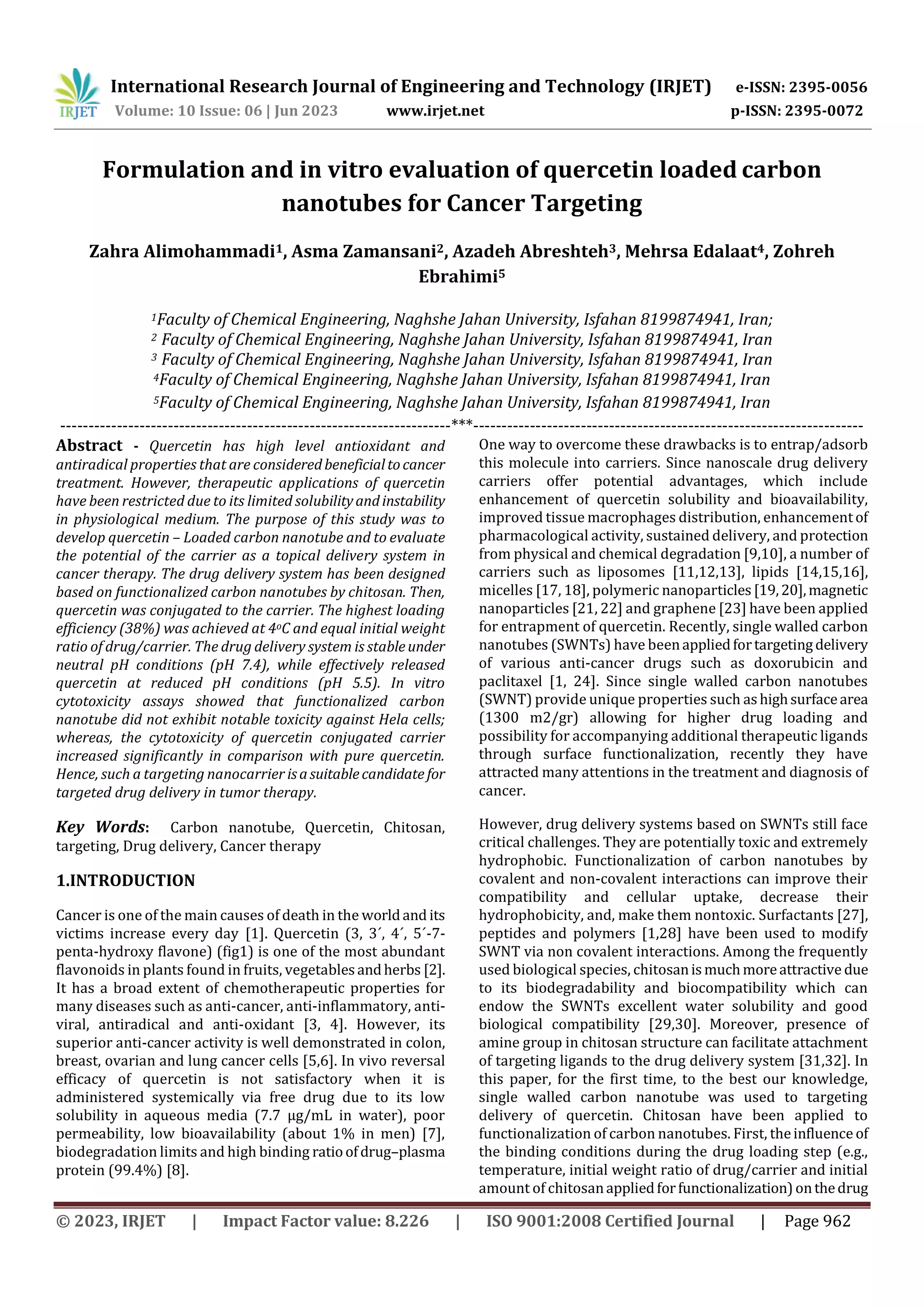Formulation and in vitro evaluation of quercetin loaded carbon nanotubes for Cancer Targeting | PDF