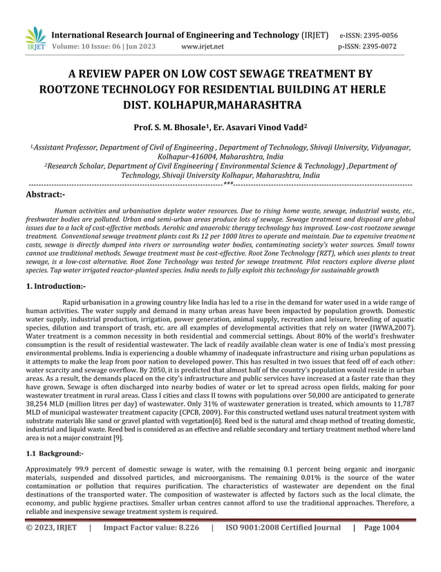 A REVIEW PAPER ON LOW COST SEWAGE TREATMENT BY ROOTZONE TECHNOLOGY FOR RESIDENTIAL BUILDING AT ...