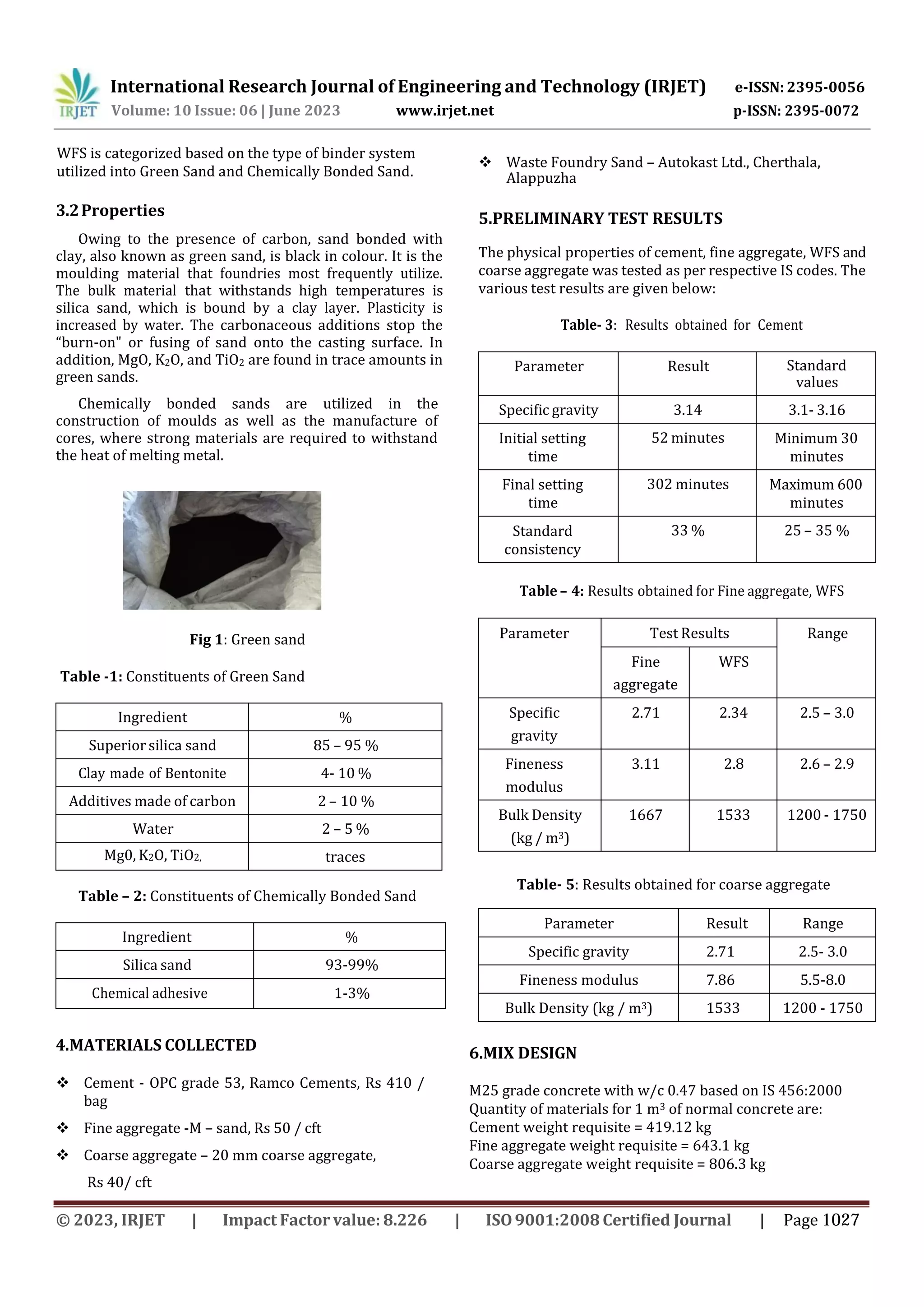 Waste Foundry Sand as Partial Replacement of Fine aggregate in Concrete ...