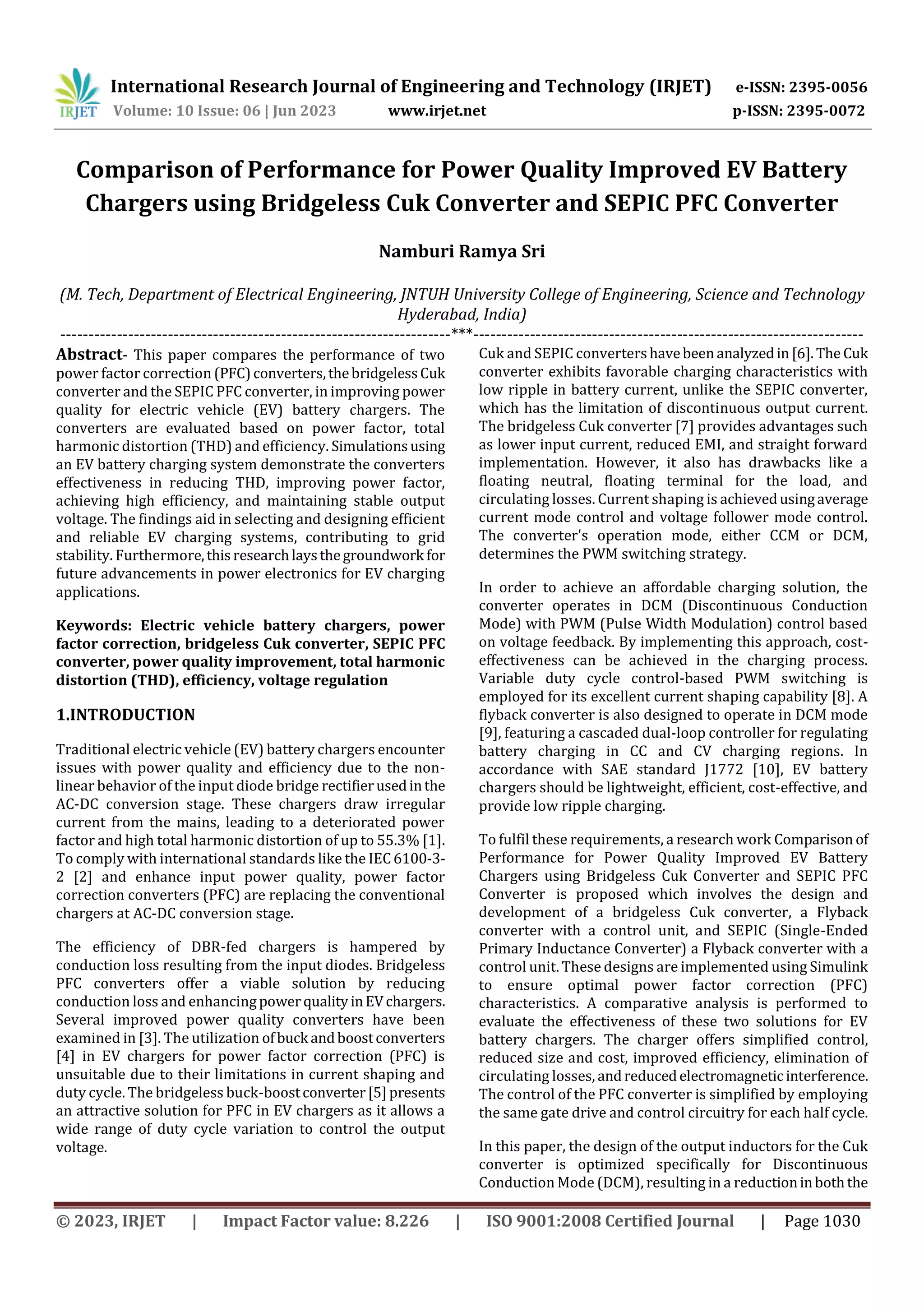 Comparison of Performance for Power Quality Improved EV Battery Chargers using Bridgeless Cuk ...