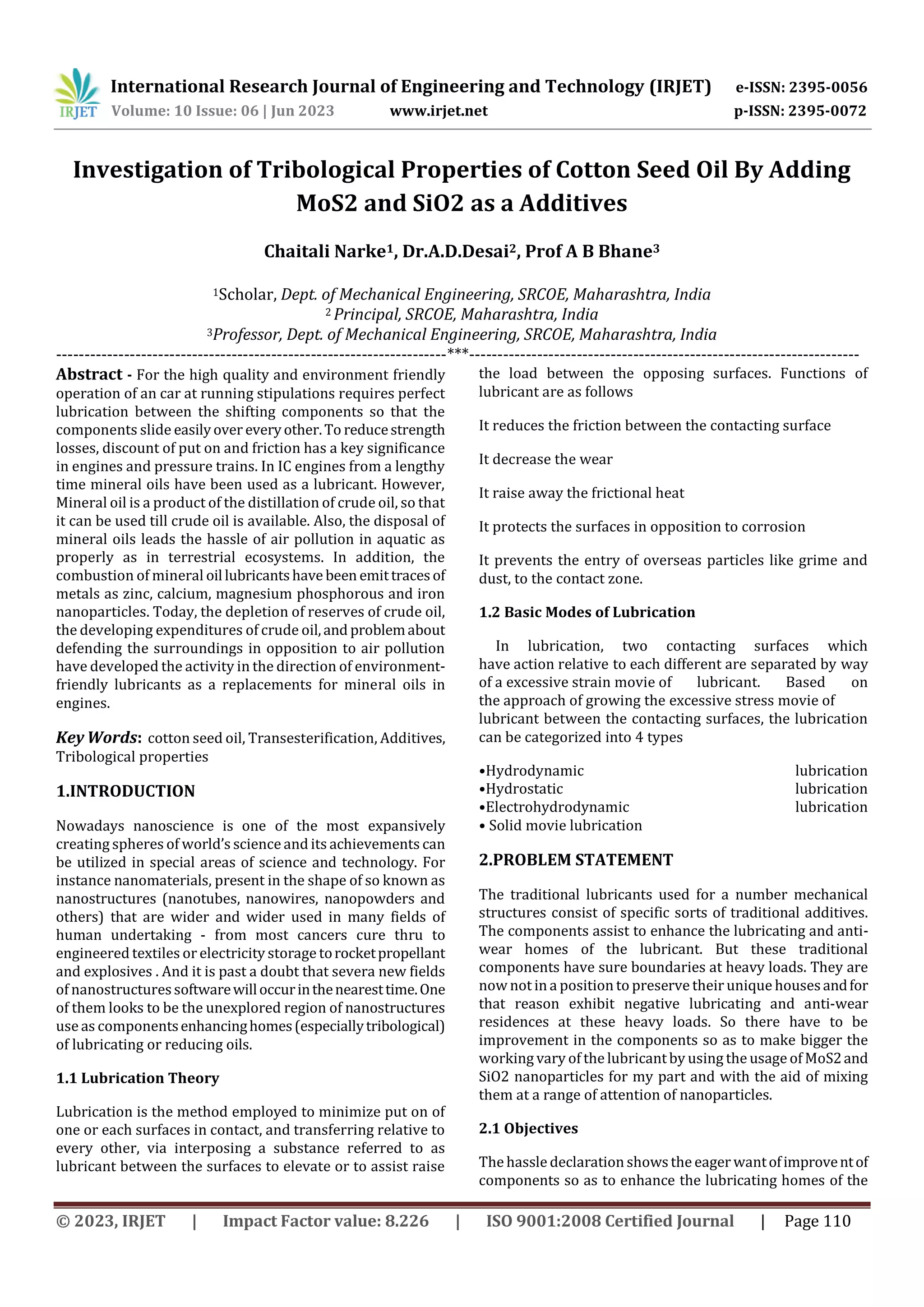 Investigation of Tribological Properties of Cotton Seed Oil By Adding MoS2 and SiO2 as a ...