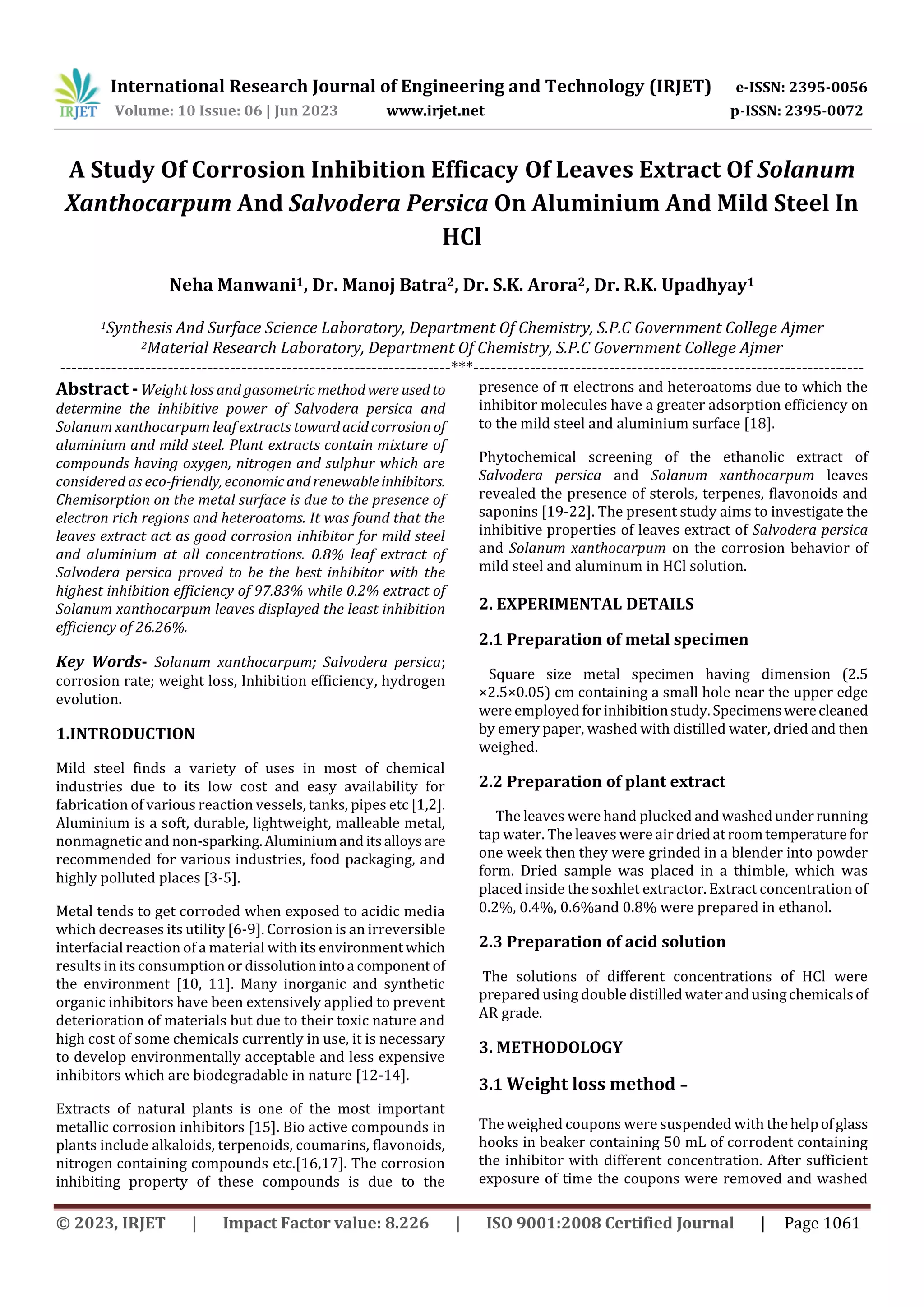 A Study Of Corrosion Inhibition Efficacy Of Leaves Extract Of Solanum ...