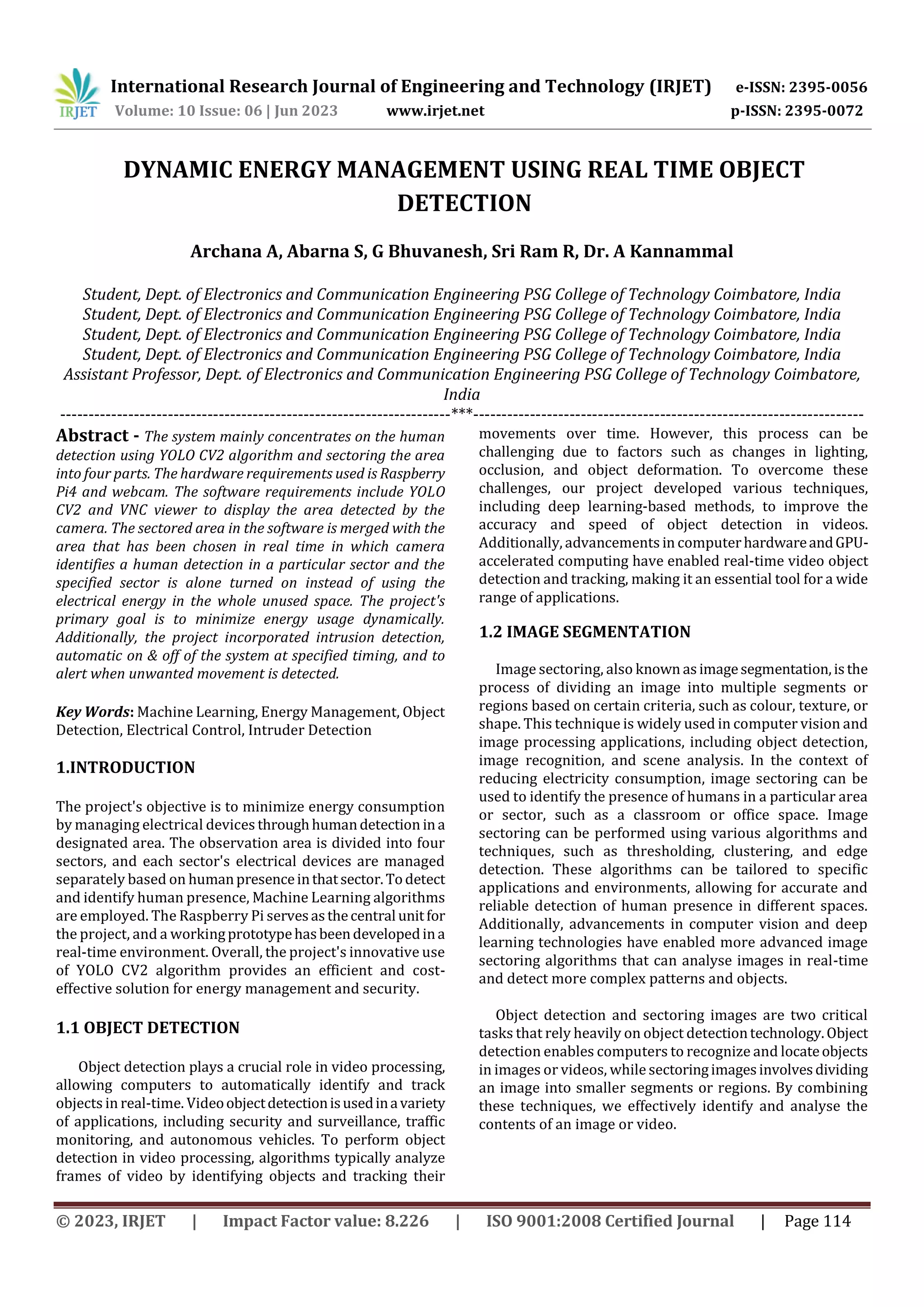 DYNAMIC ENERGY MANAGEMENT USING REAL TIME OBJECT DETECTION | PDF
