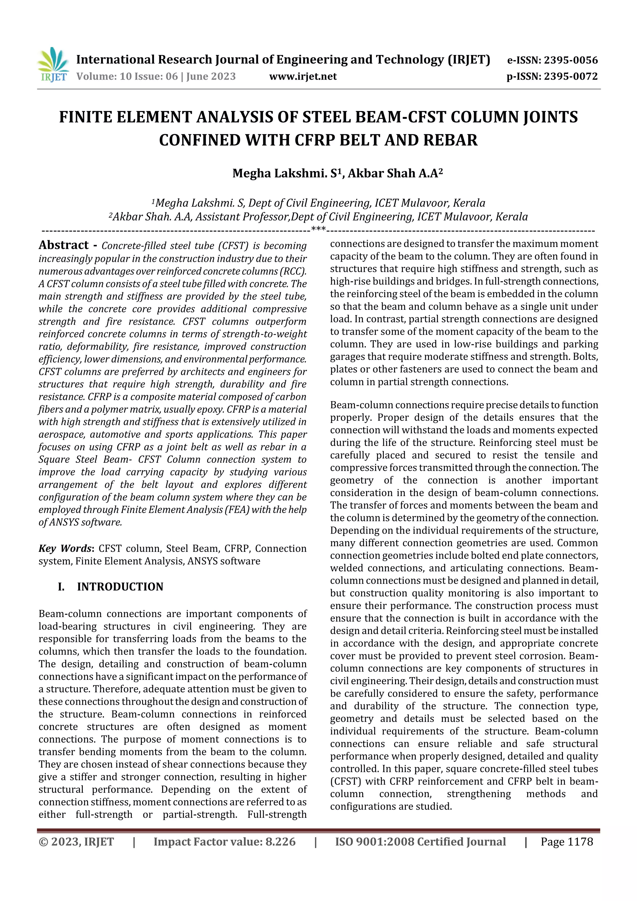 FINITE ELEMENT ANALYSIS OF STEEL BEAM-CFST COLUMN JOINTS CONFINED WITH CFRP BELT AND REBAR | PDF