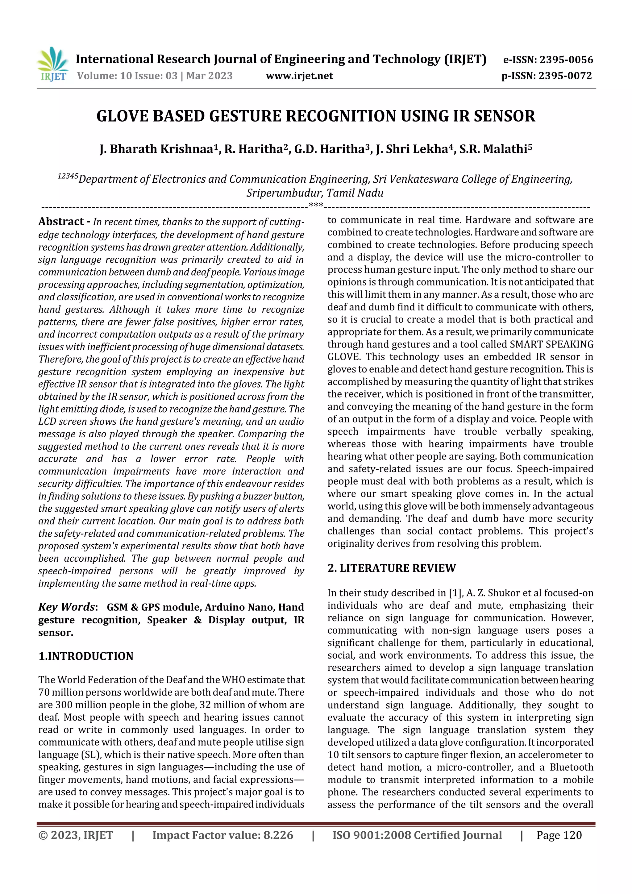 GLOVE BASED GESTURE RECOGNITION USING IR SENSOR | PDF