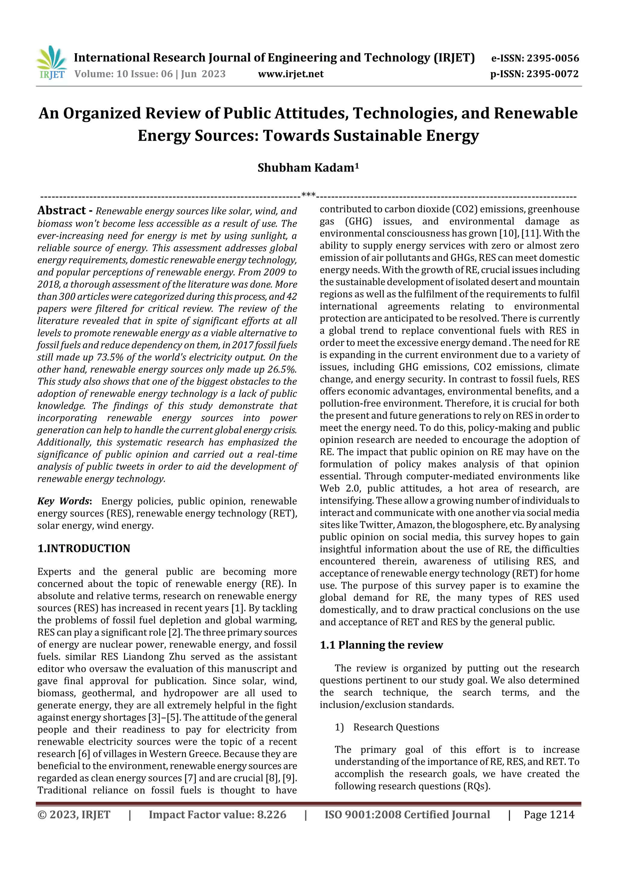 An Organized Review of Public Attitudes, Technologies, and Renewable Energy Sources: Towards ...