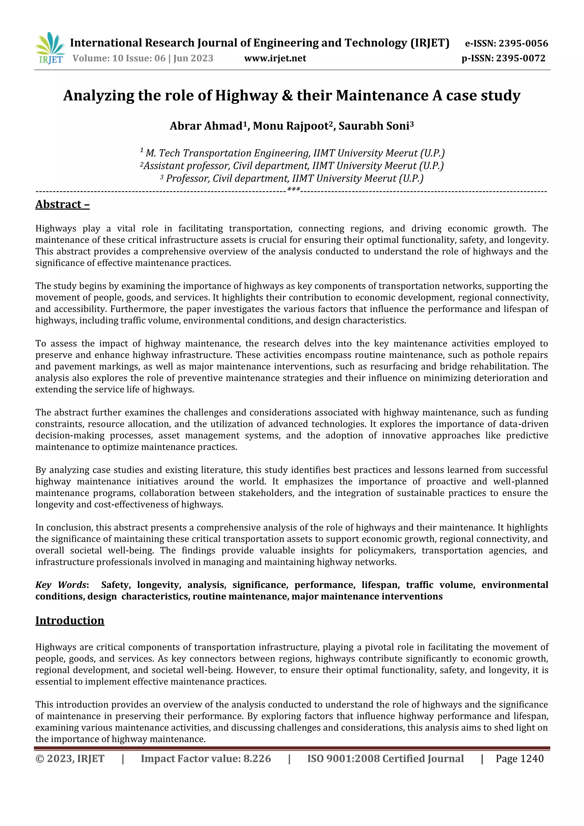 Analyzing the role of Highway & their Maintenance A case study | PDF