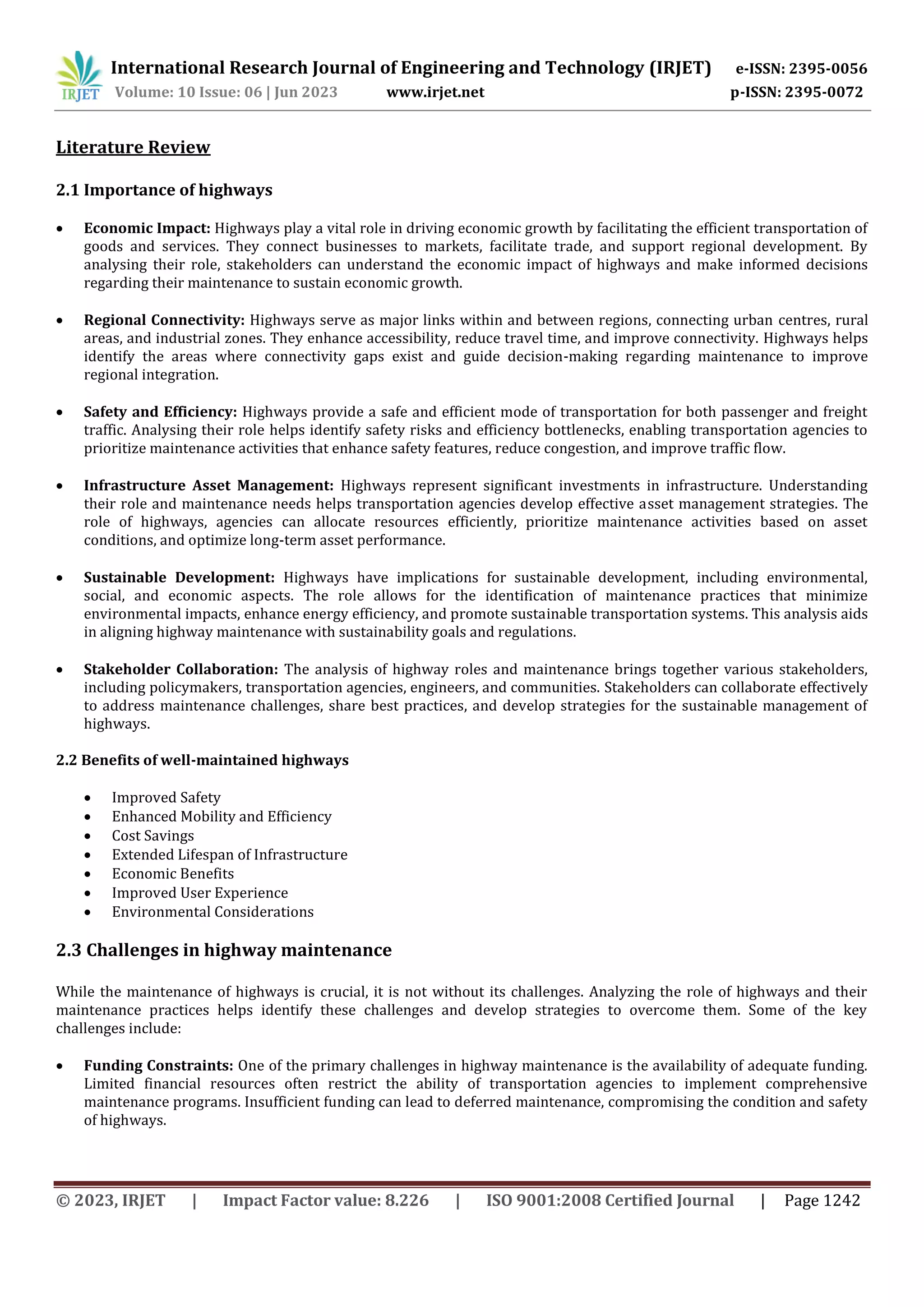 Analyzing the role of Highway & their Maintenance A case study | PDF