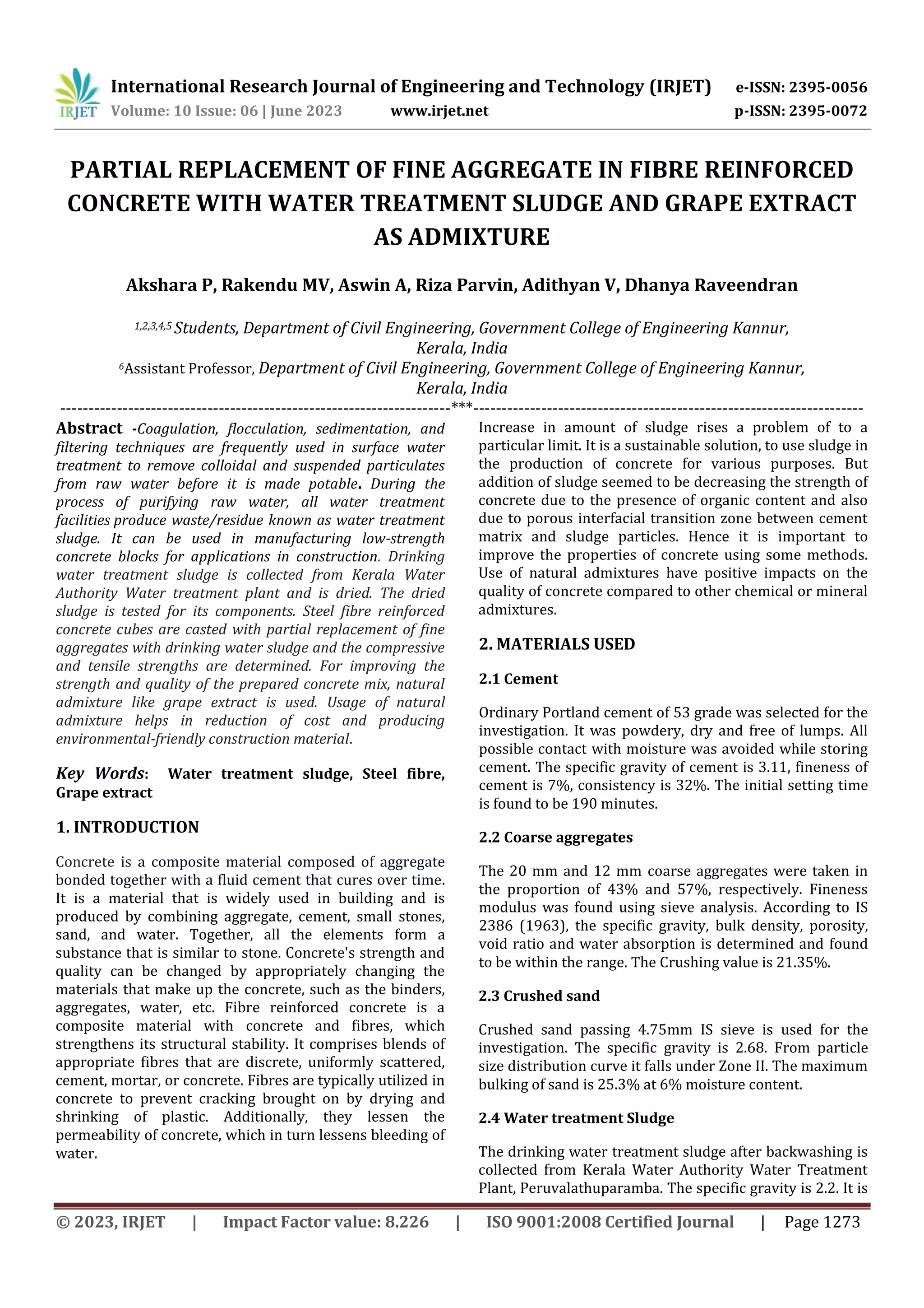 PARTIAL REPLACEMENT OF FINE AGGREGATE IN FIBRE REINFORCED CONCRETE WITH ...