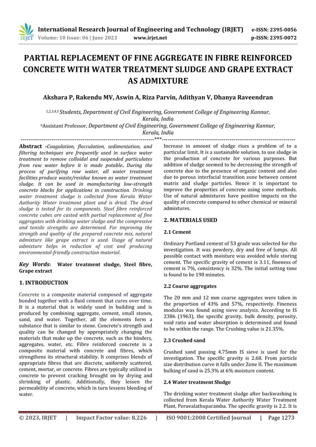 PARTIAL REPLACEMENT OF FINE AGGREGATE IN FIBRE REINFORCED CONCRETE WITH WATER TREATMENT SLUDGE ...