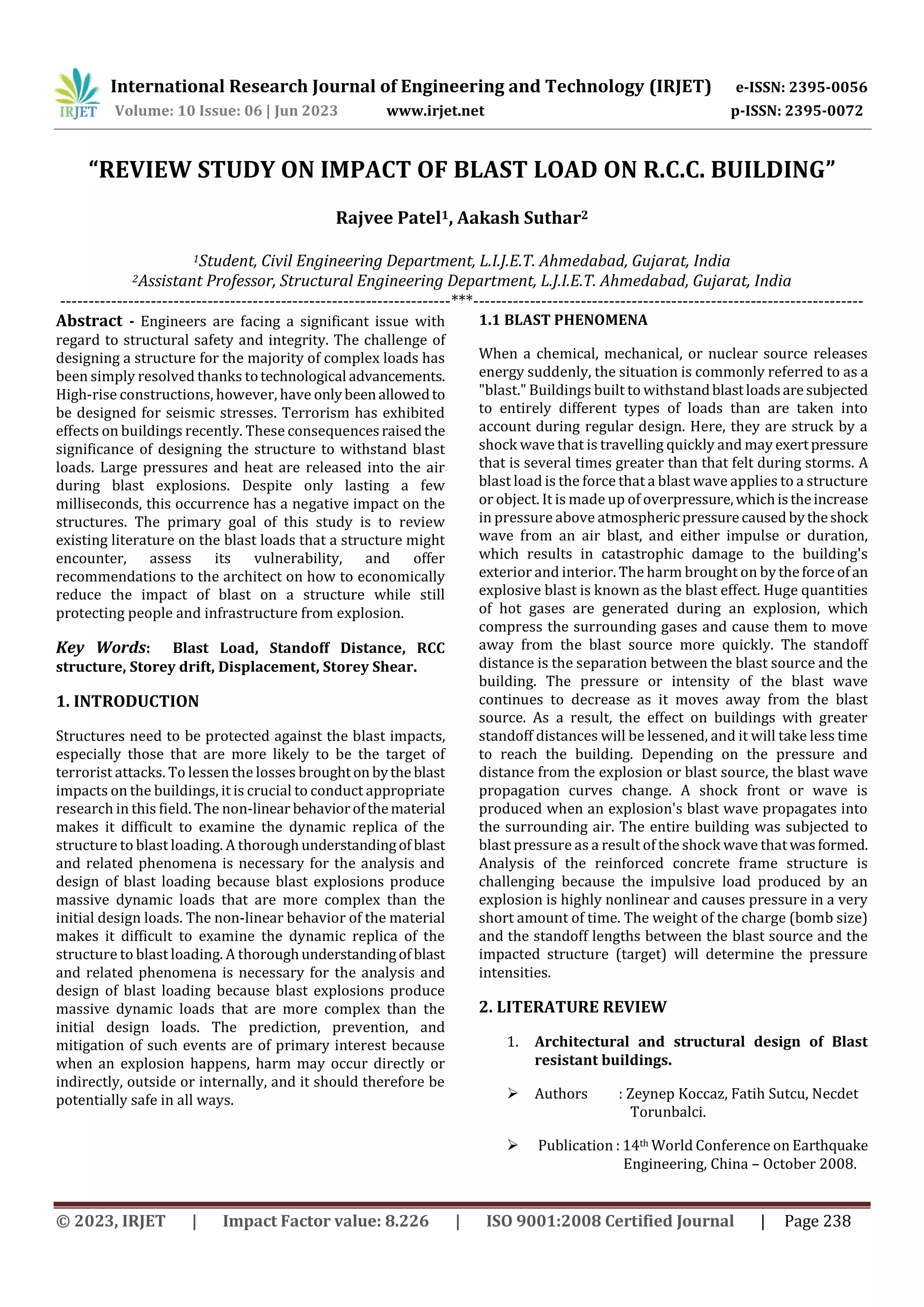 REVIEW STUDY ON IMPACT OF BLAST LOAD ON R.C.C. BUILDING | PDF