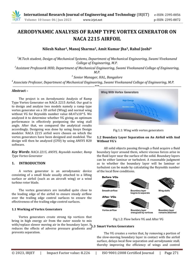 AERODYNAMIC ANALYSIS OF RAMP TYPE VORTEX GENERATOR ON NACA 2215 AIRFOIL | PDF