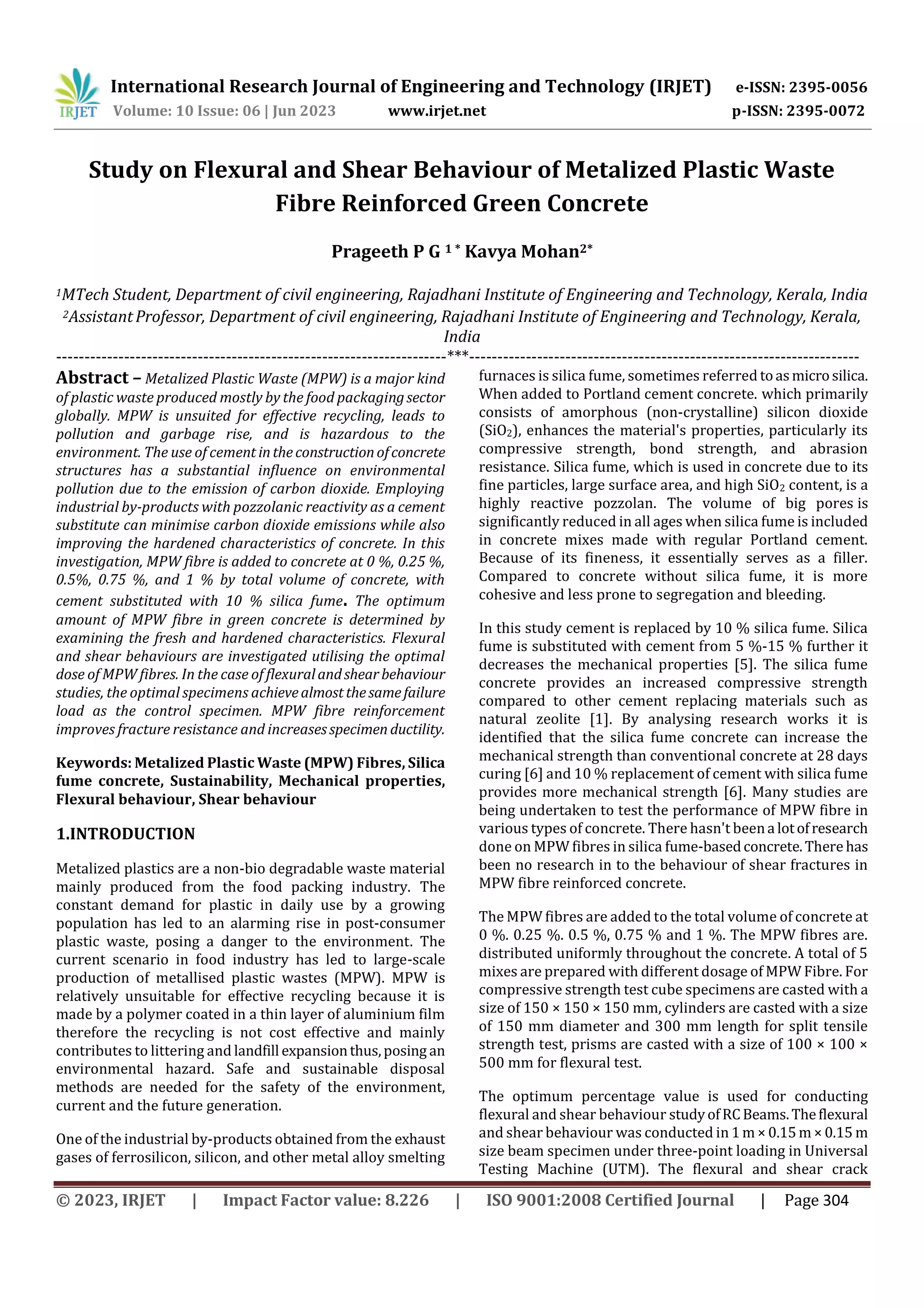 Study on Flexural and Shear Behaviour of Metalized Plastic Waste Fibre ...