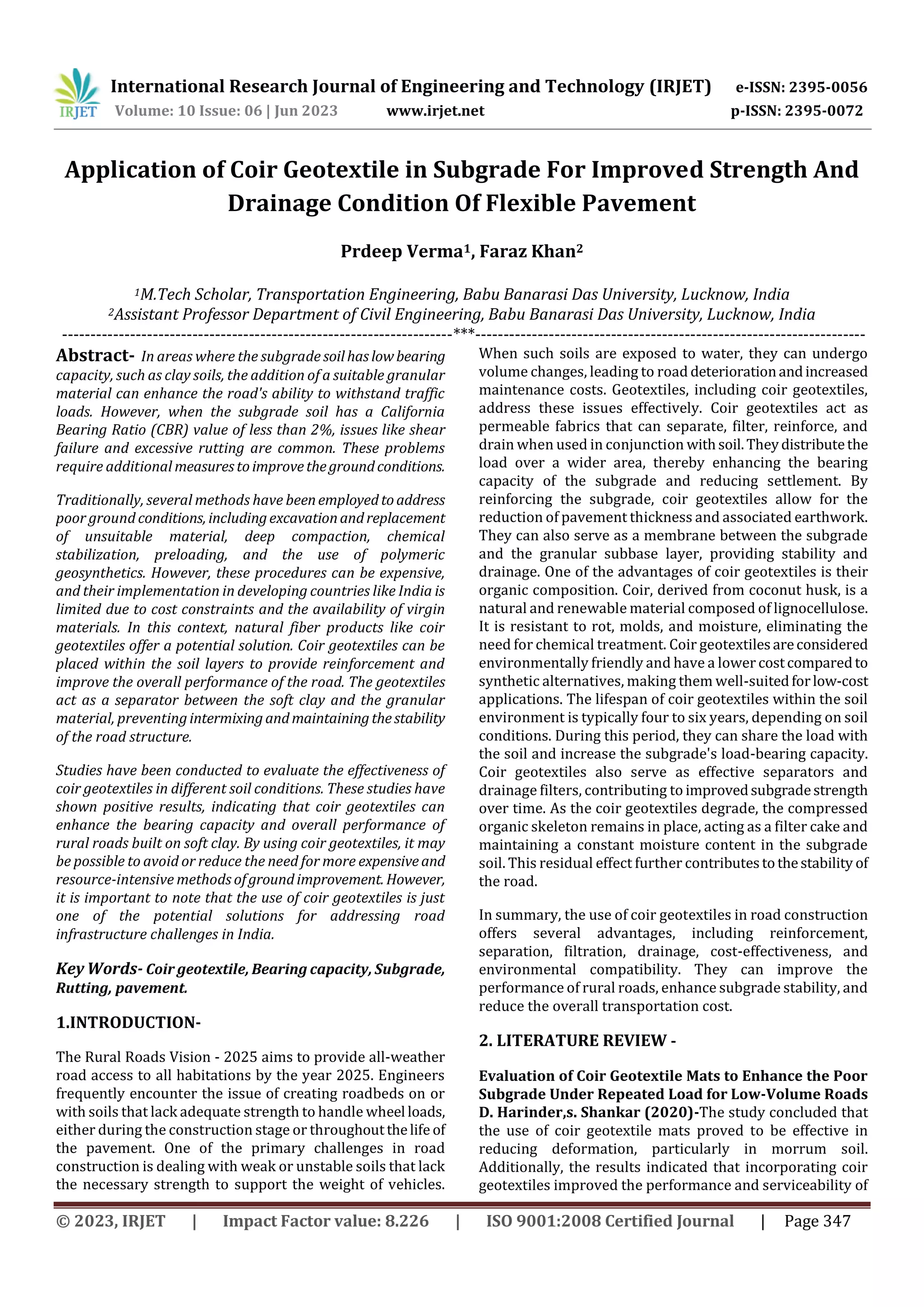 Application of Coir Geotextile in Subgrade For Improved Strength And ...