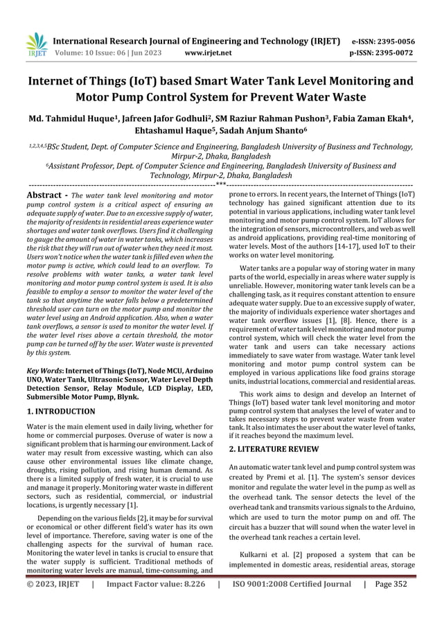 Internet of Things (IoT) based Smart Water Tank Level Monitoring and ...