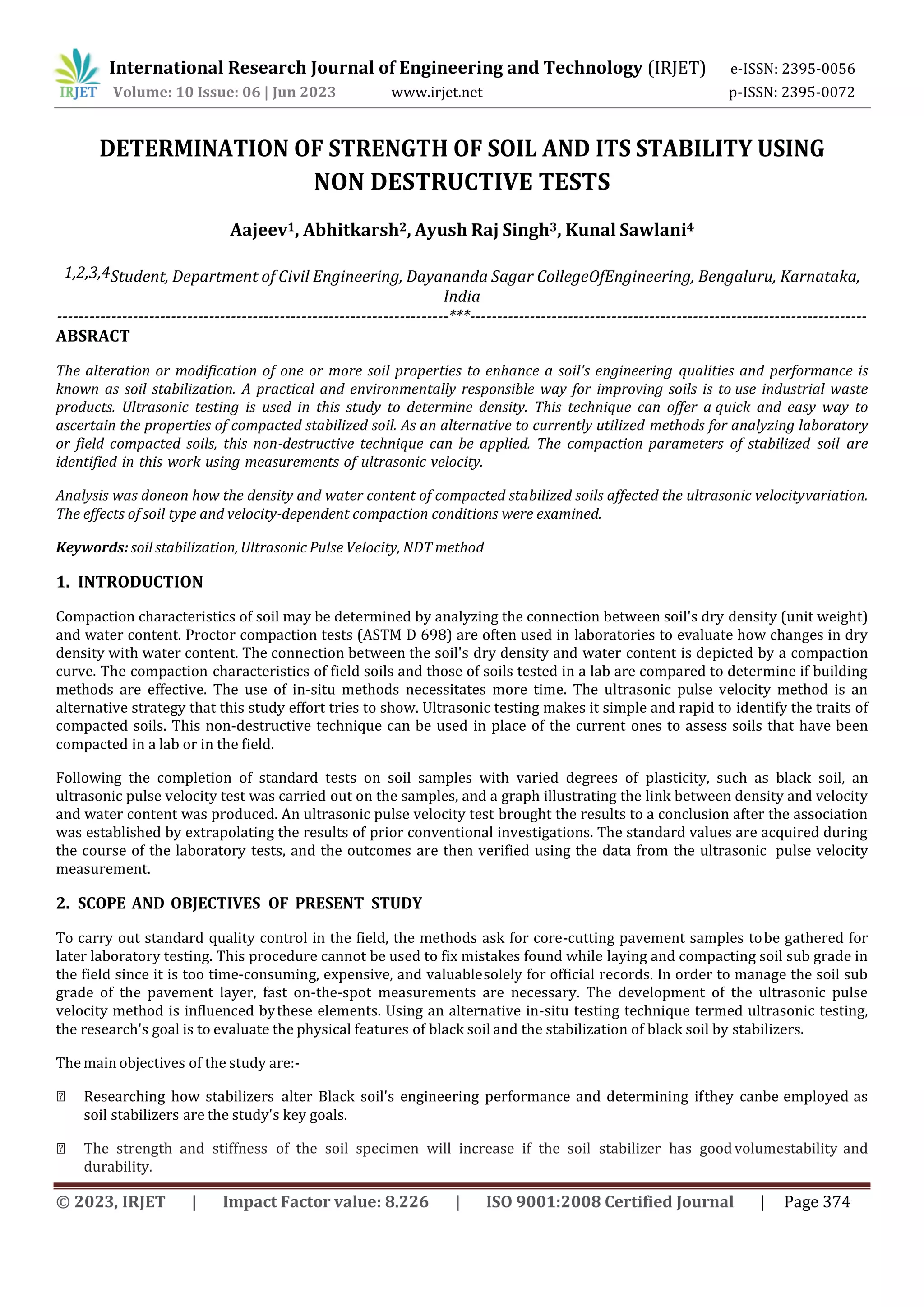 DETERMINATION OF STRENGTH OF SOIL AND ITS STABILITY USING NON ...