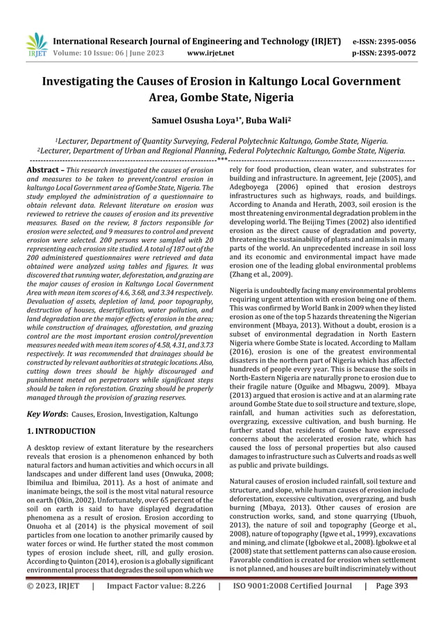 Investigating the Causes of Erosion in Kaltungo Local Government Area ...