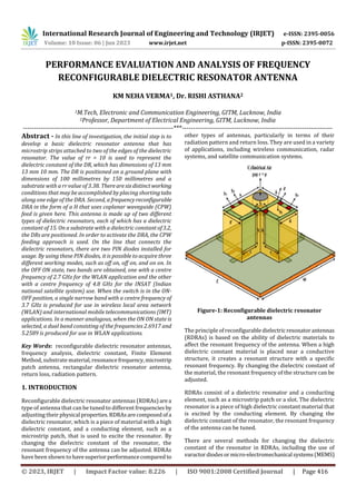 PERFORMANCE EVALUATION AND ANALYSIS OF FREQUENCY RECONFIGURABLE DIELECTRIC RESONATOR ANTENNA ...