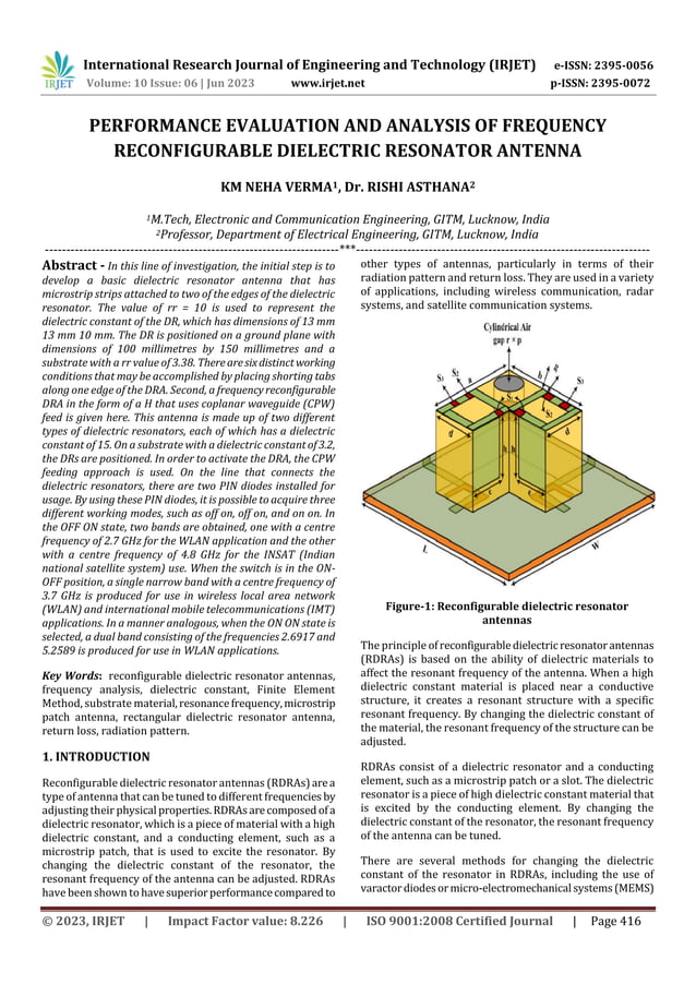 PERFORMANCE EVALUATION AND ANALYSIS OF FREQUENCY RECONFIGURABLE DIELECTRIC RESONATOR ANTENNA ...