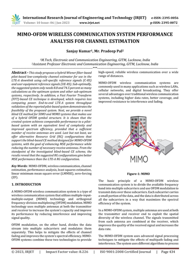 MIMO-OFDM WIRELESS COMMUNICATION SYSTEM PERFORMANCE ANALYSIS FOR CHANNEL ESTIMATION | PDF