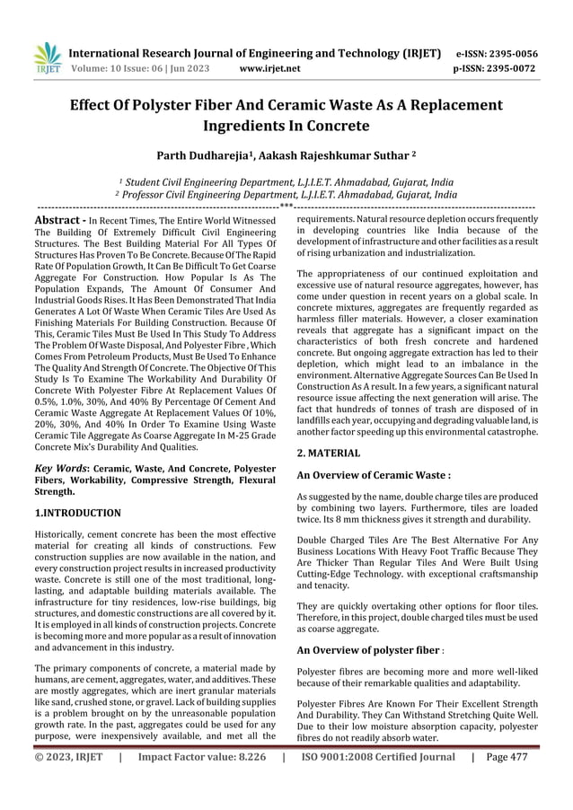 Effect Of Polyster Fiber And Ceramic Waste As A Replacement Ingredients ...