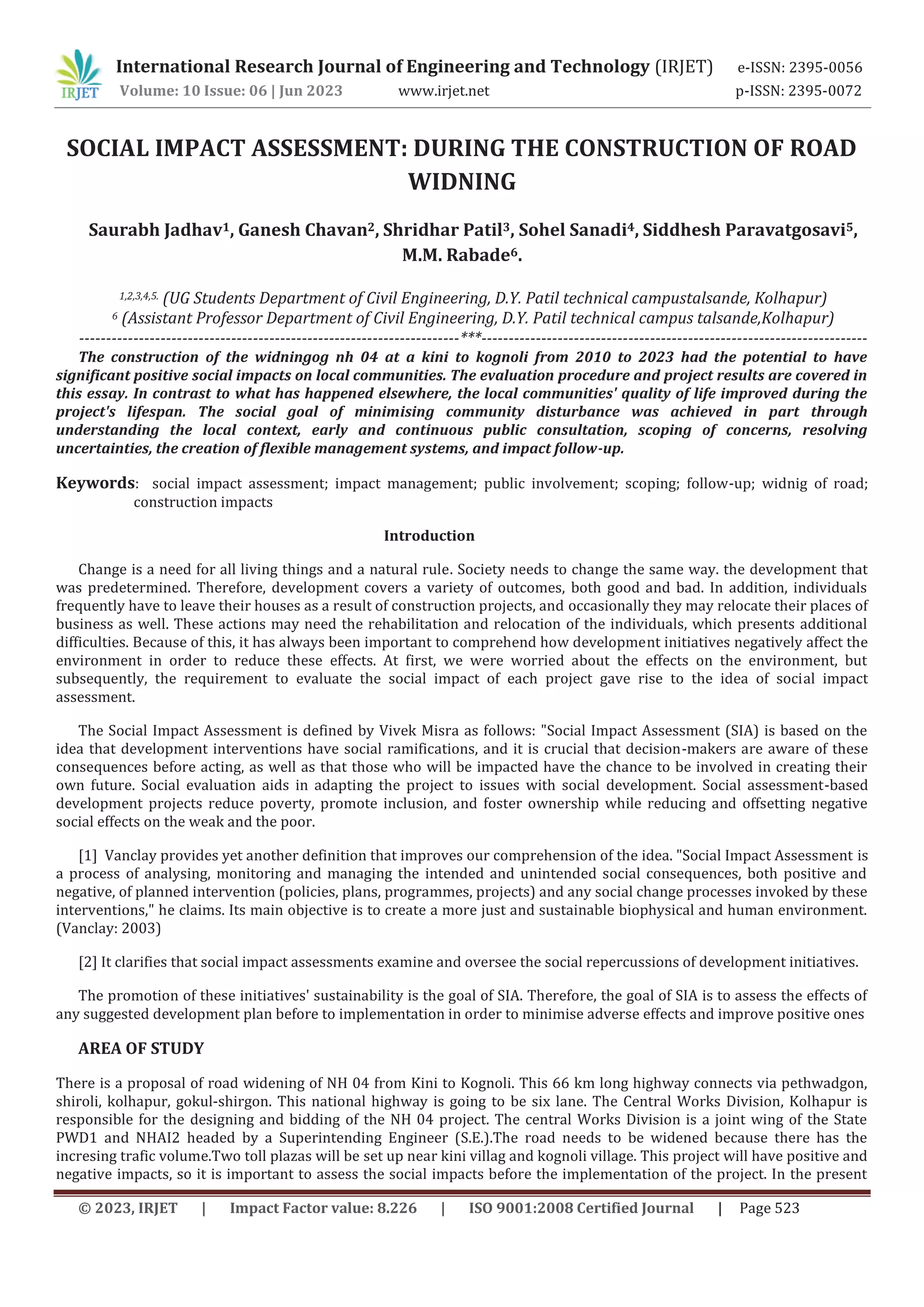 SOCIAL IMPACT ASSESSMENT: DURING THE CONSTRUCTION OF ROAD WIDNING | PDF