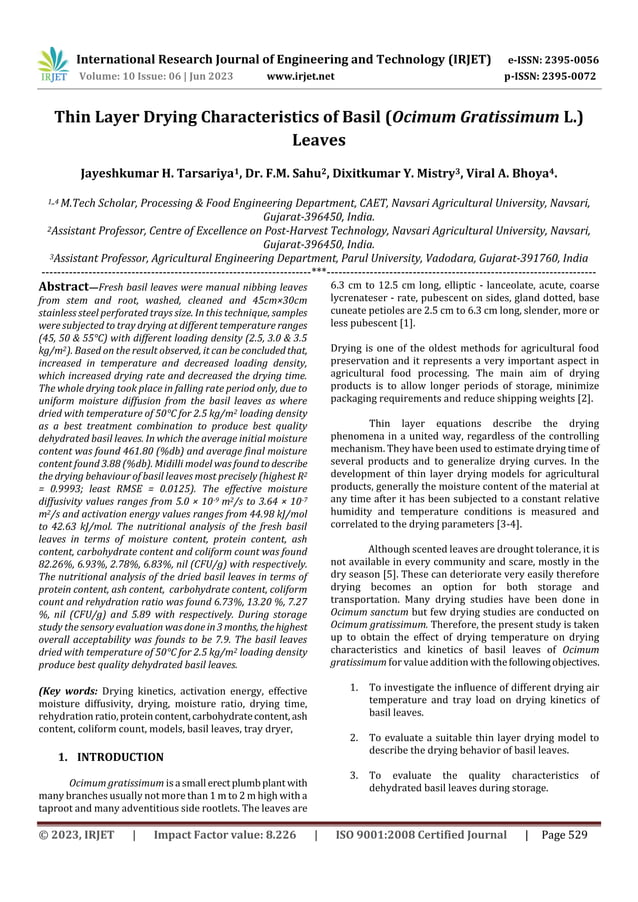 Thin Layer Drying Characteristics of Basil (Ocimum Gratissimum L.) Leaves | PDF