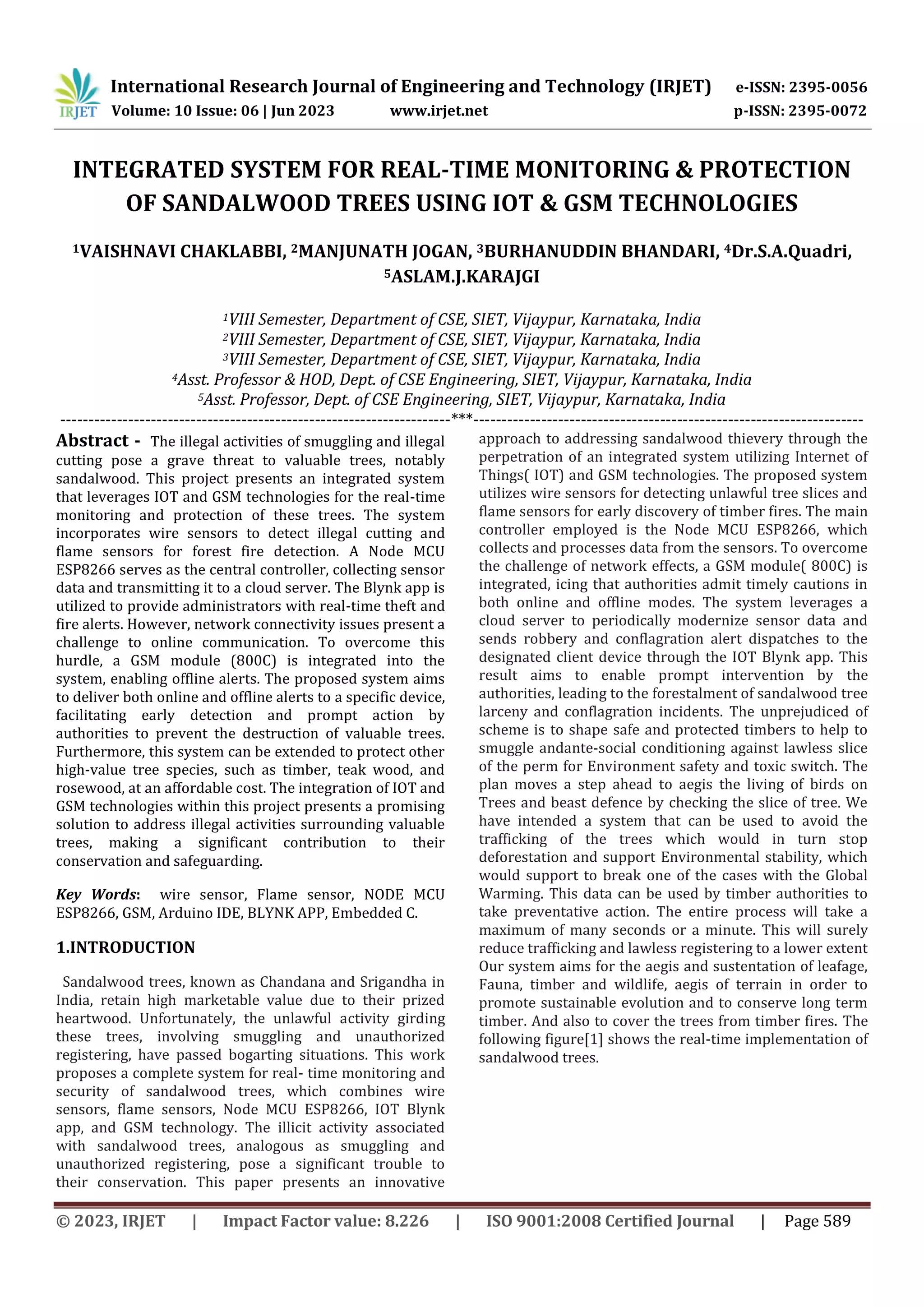 INTEGRATED SYSTEM FOR REAL-TIME MONITORING & PROTECTION OF SANDALWOOD TREES USING IOT & GSM ...
