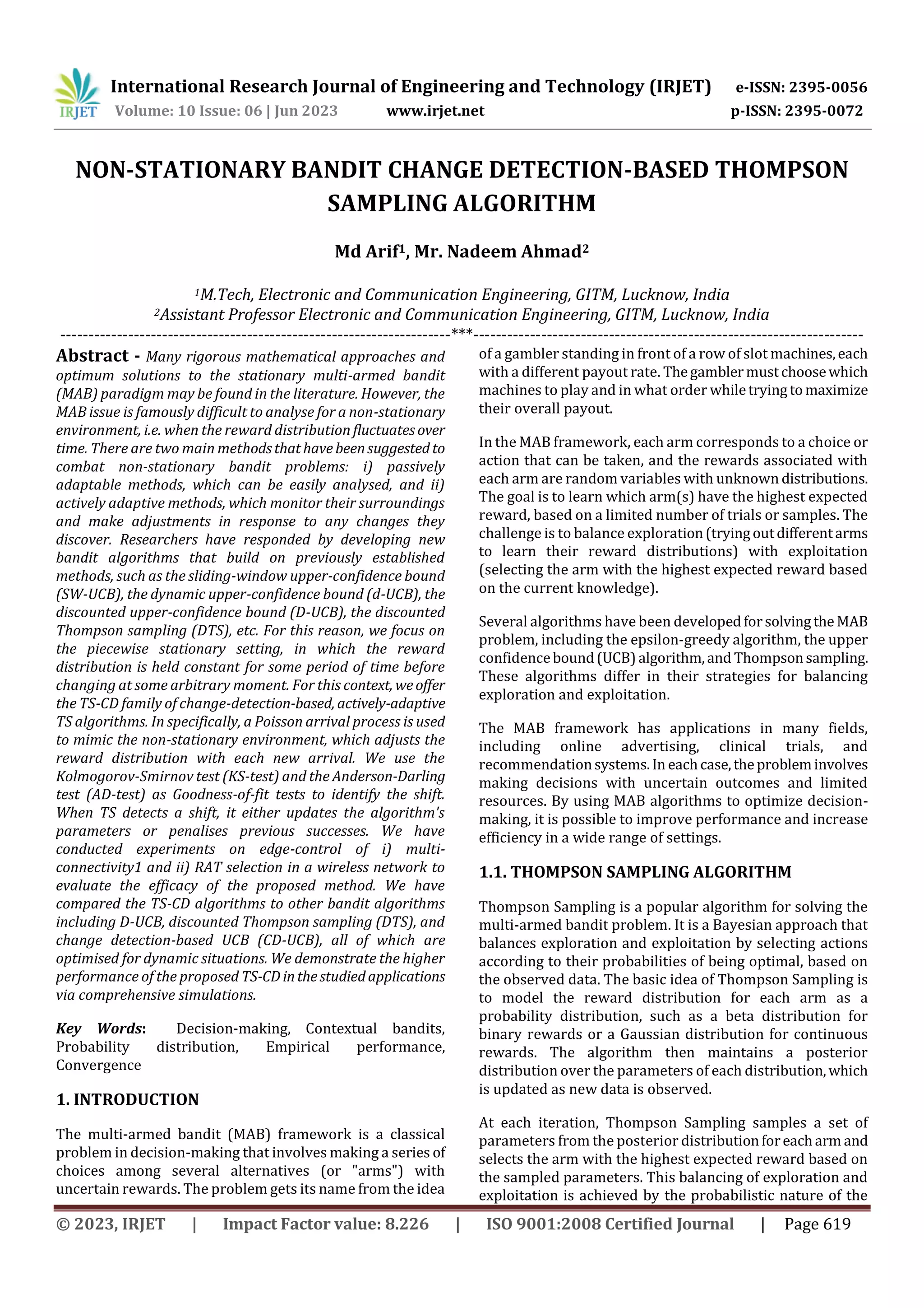 NON-STATIONARY BANDIT CHANGE DETECTION-BASED THOMPSON SAMPLING ALGORITHM | PDF