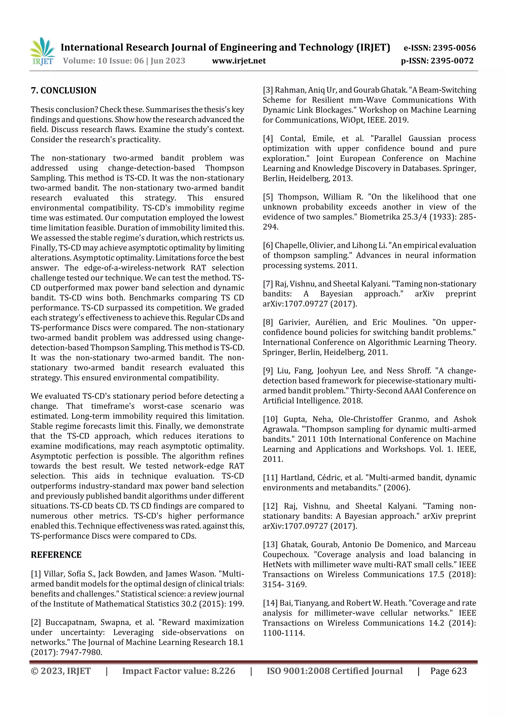NON-STATIONARY BANDIT CHANGE DETECTION-BASED THOMPSON SAMPLING ALGORITHM | PDF