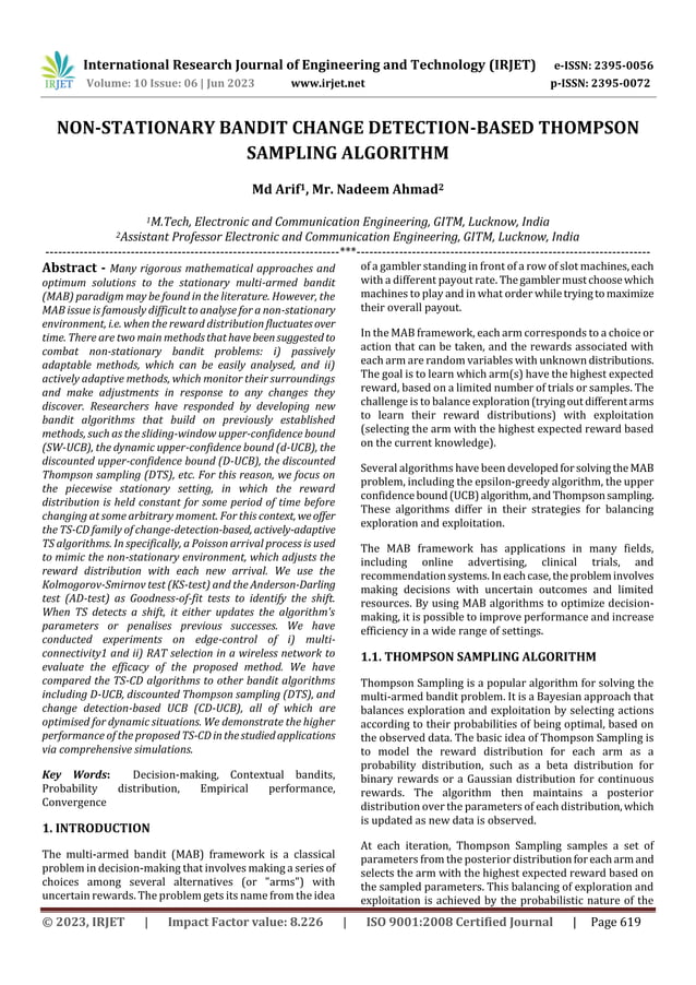 NON-STATIONARY BANDIT CHANGE DETECTION-BASED THOMPSON SAMPLING ALGORITHM | PDF