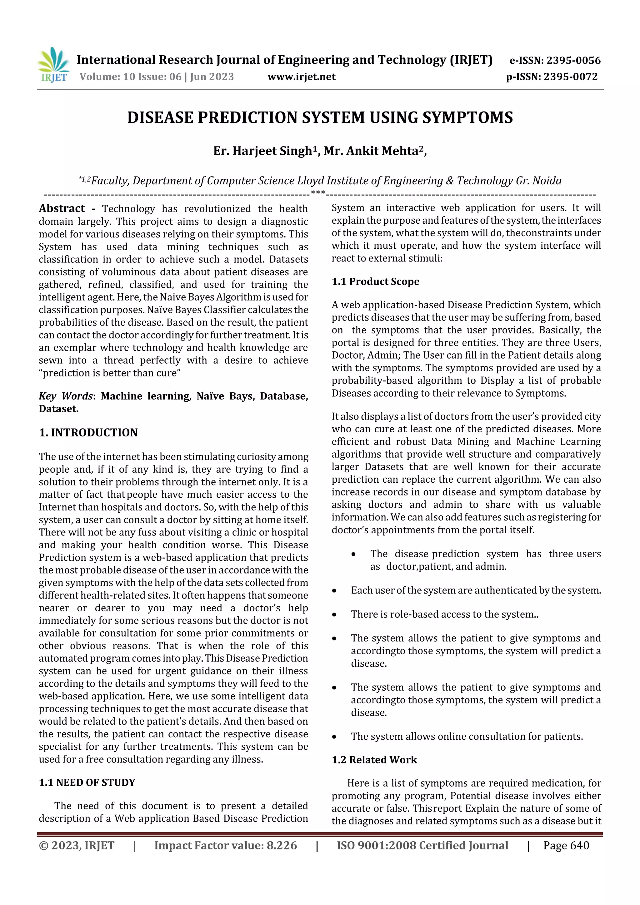 DISEASE PREDICTION SYSTEM USING SYMPTOMS | PDF