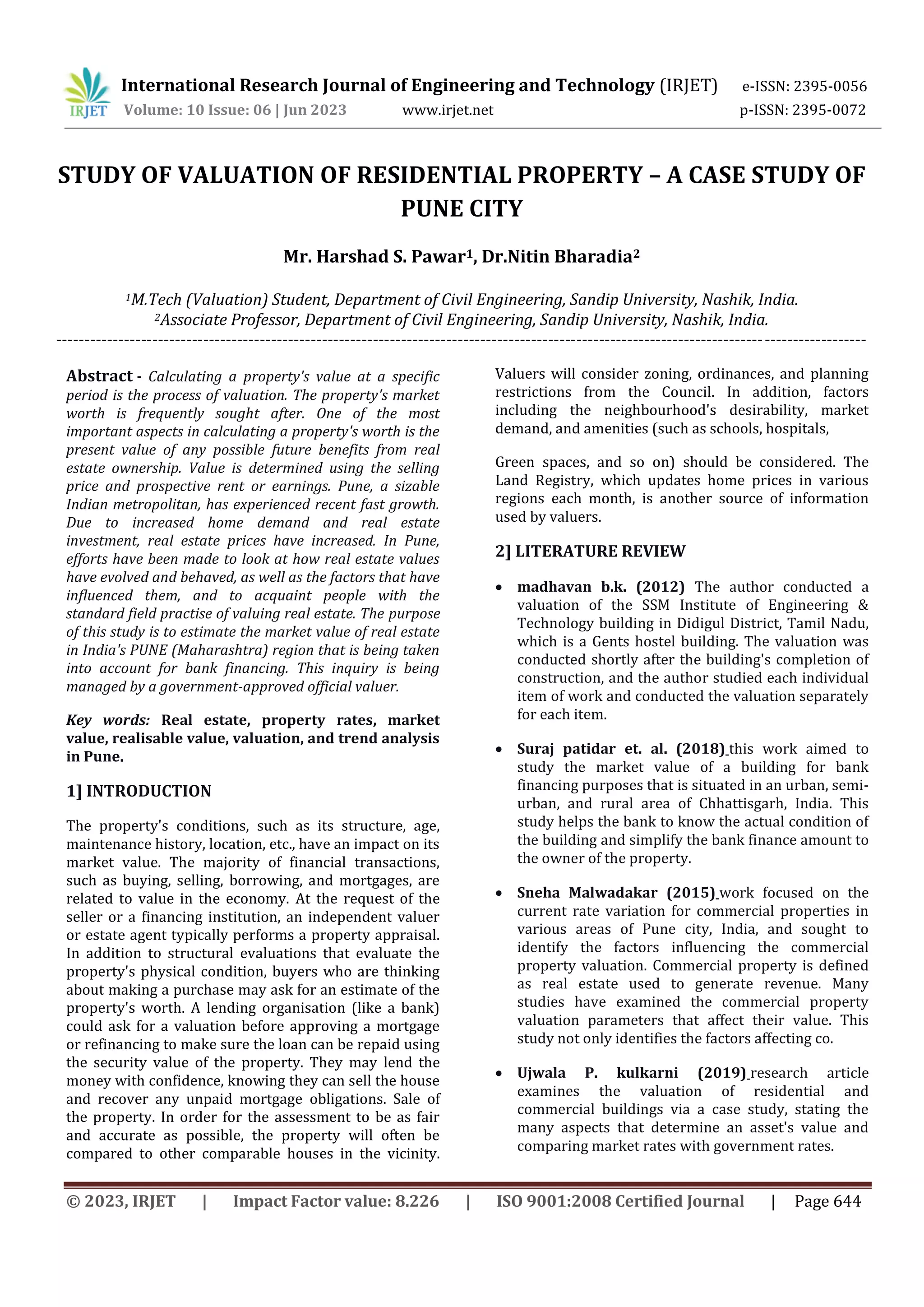 STUDY OF VALUATION OF RESIDENTIAL PROPERTY – A CASE STUDY OF PUNE CITY | PDF