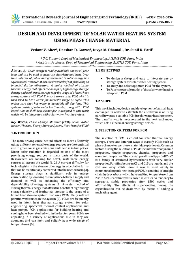 DESIGN AND DEVELOPMENT OF SOLAR WATER HEATING SYSTEM USING PHASE CHANGE MATERIAL | PDF | Power ...