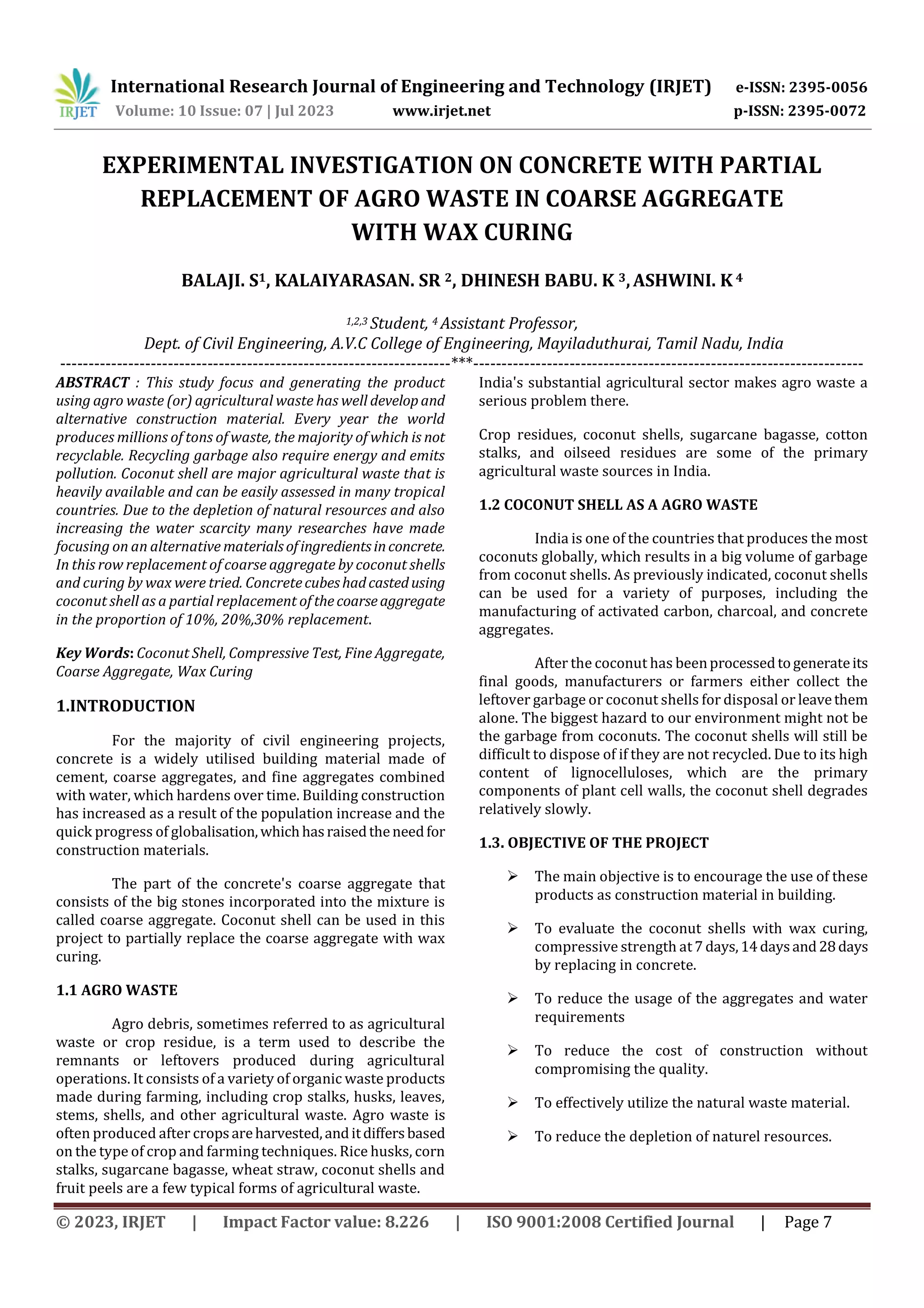 EXPERIMENTAL INVESTIGATION ON CONCRETE WITH PARTIAL REPLACEMENT OF AGRO ...