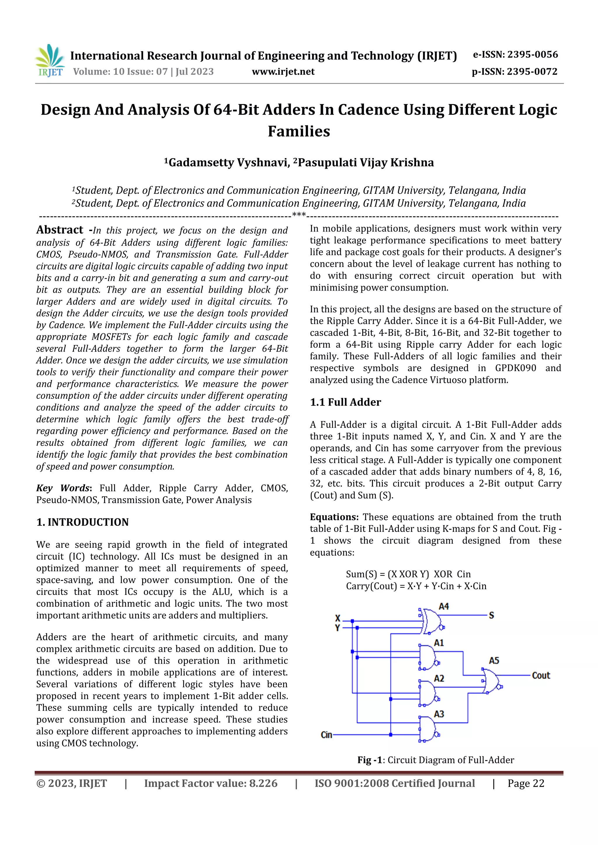 Design And Analysis Of 64-Bit Adders In Cadence Using Different Logic Families | PDF ...