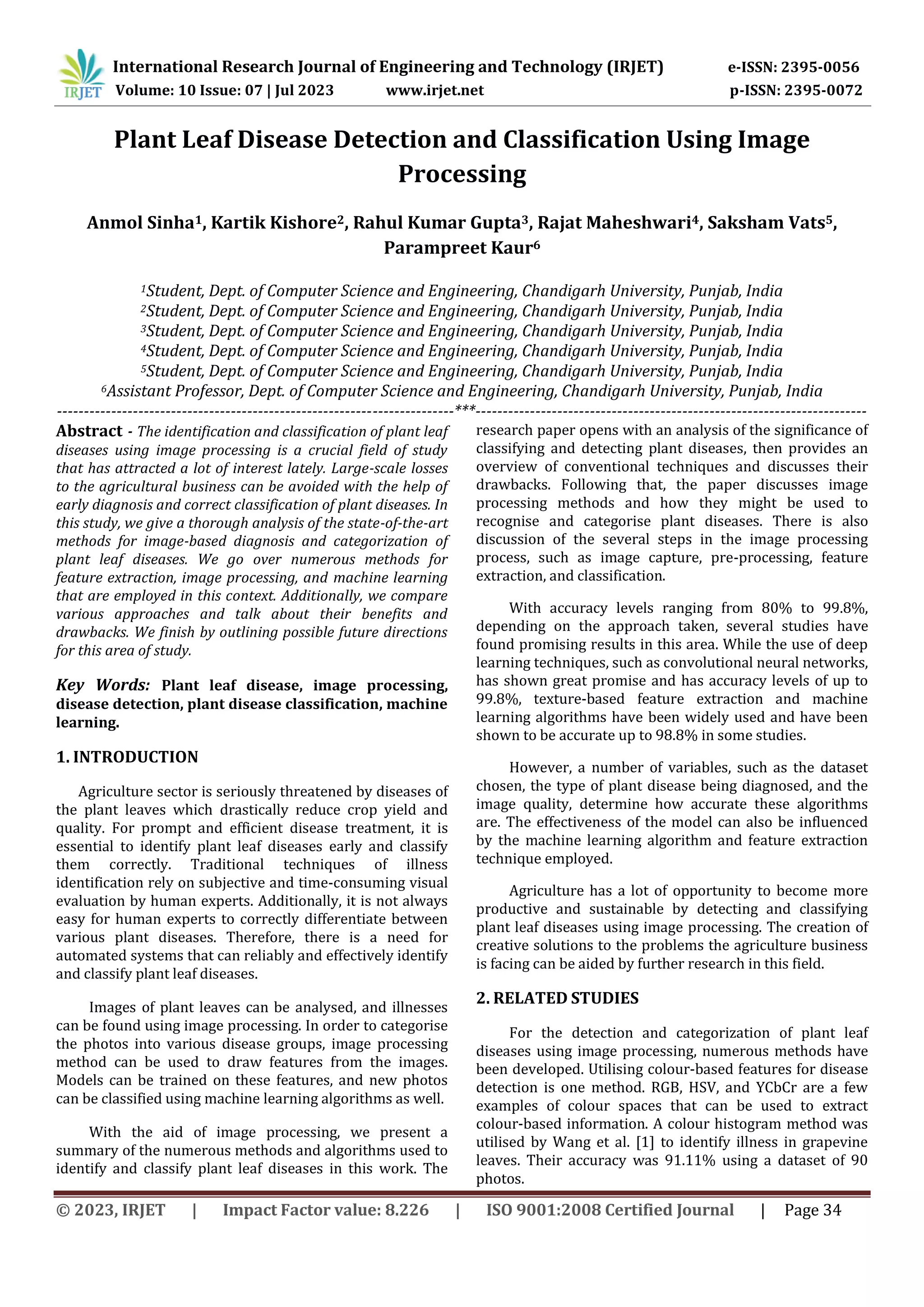 Plant Leaf Disease Detection And Classification Using Image Processing