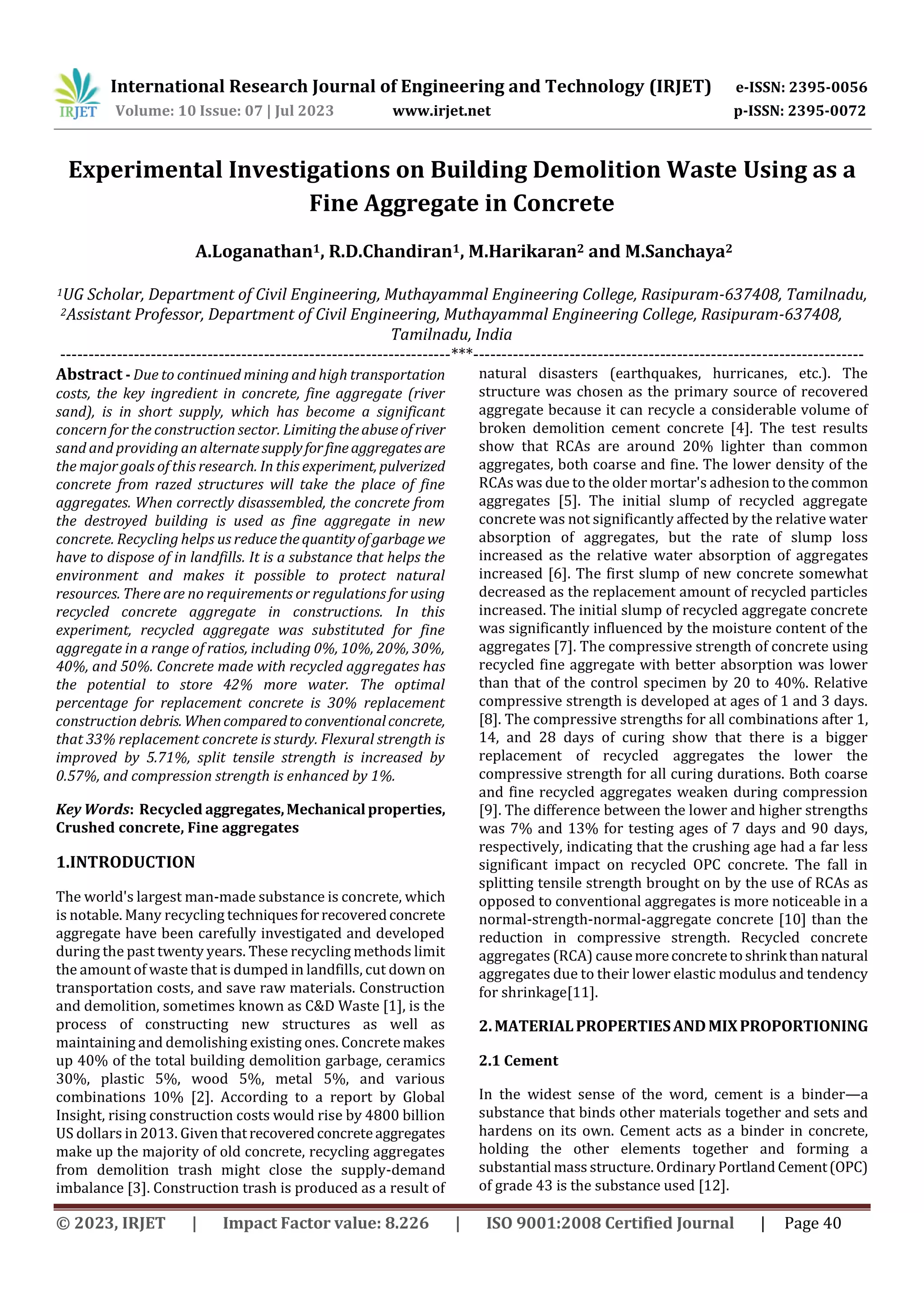 Experimental Investigations on Building Demolition Waste Using as a ...