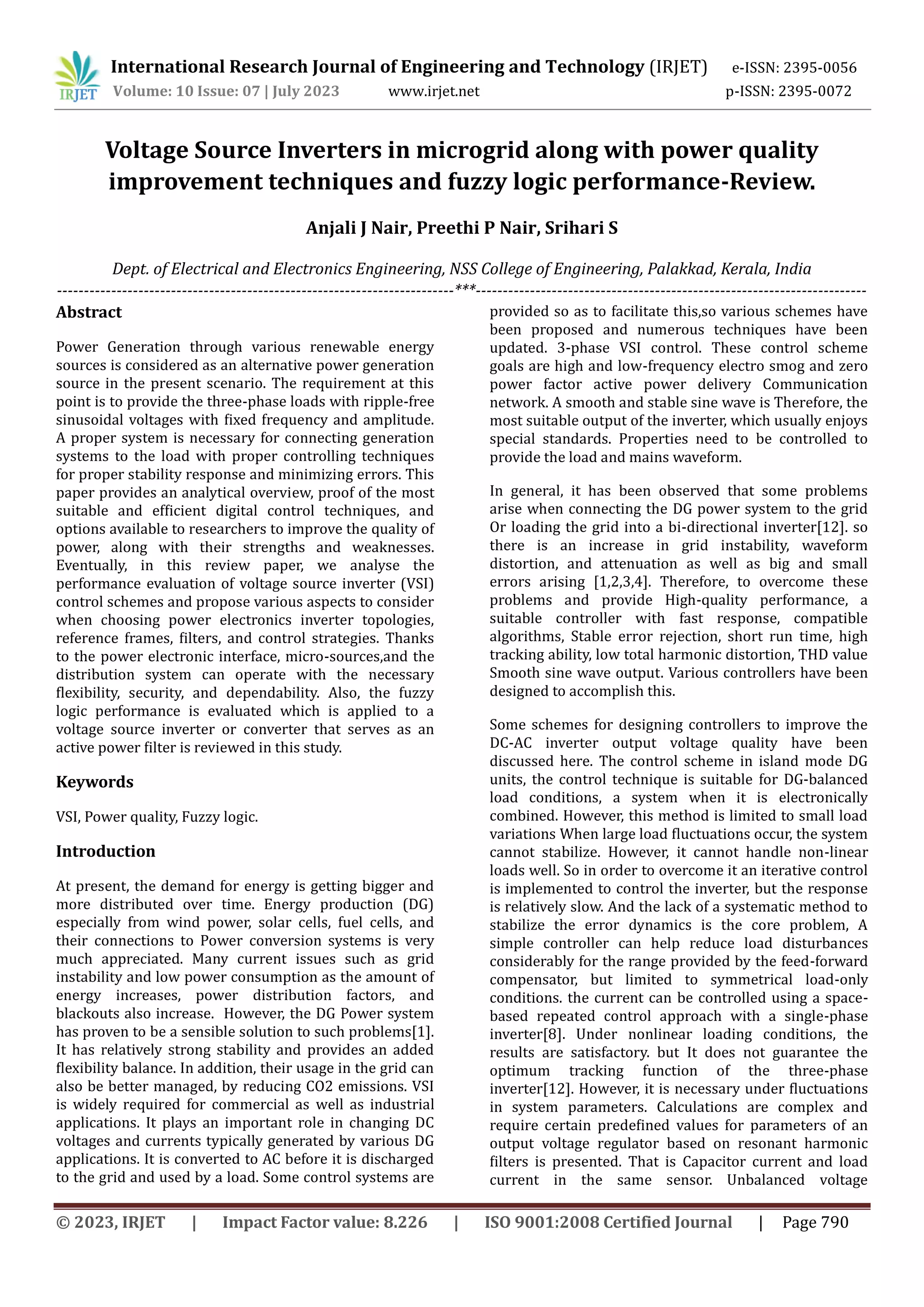 Voltage Source Inverters in microgrid along with power quality improvement techniques and fuzzy ...