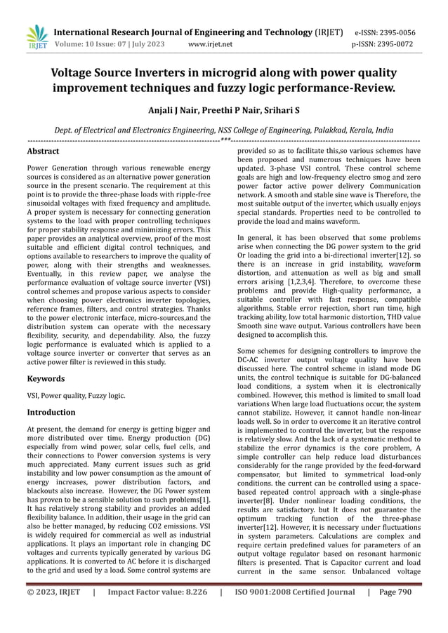 Voltage Source Inverters in microgrid along with power quality improvement techniques and fuzzy ...