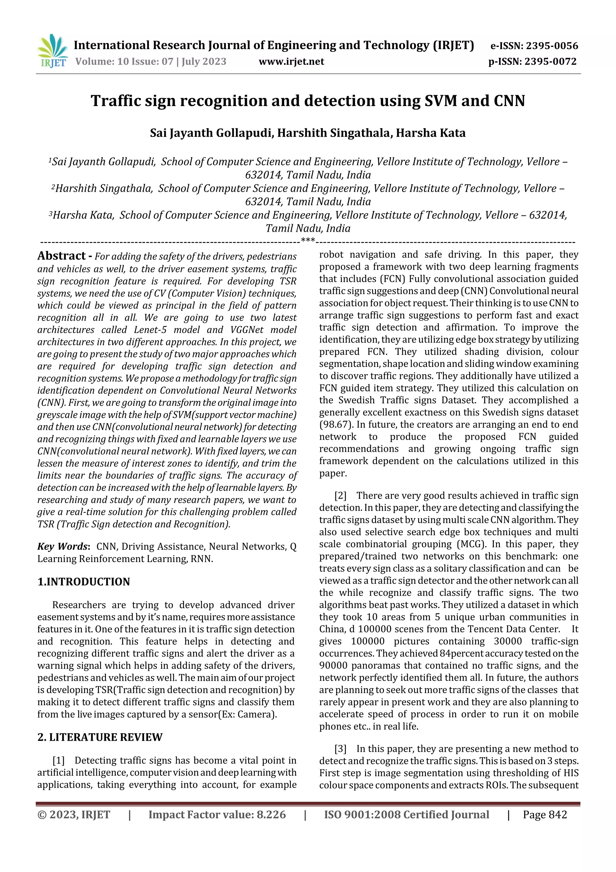 Traffic Sign Recognition And Detection Using Svm And Cnn Pdf