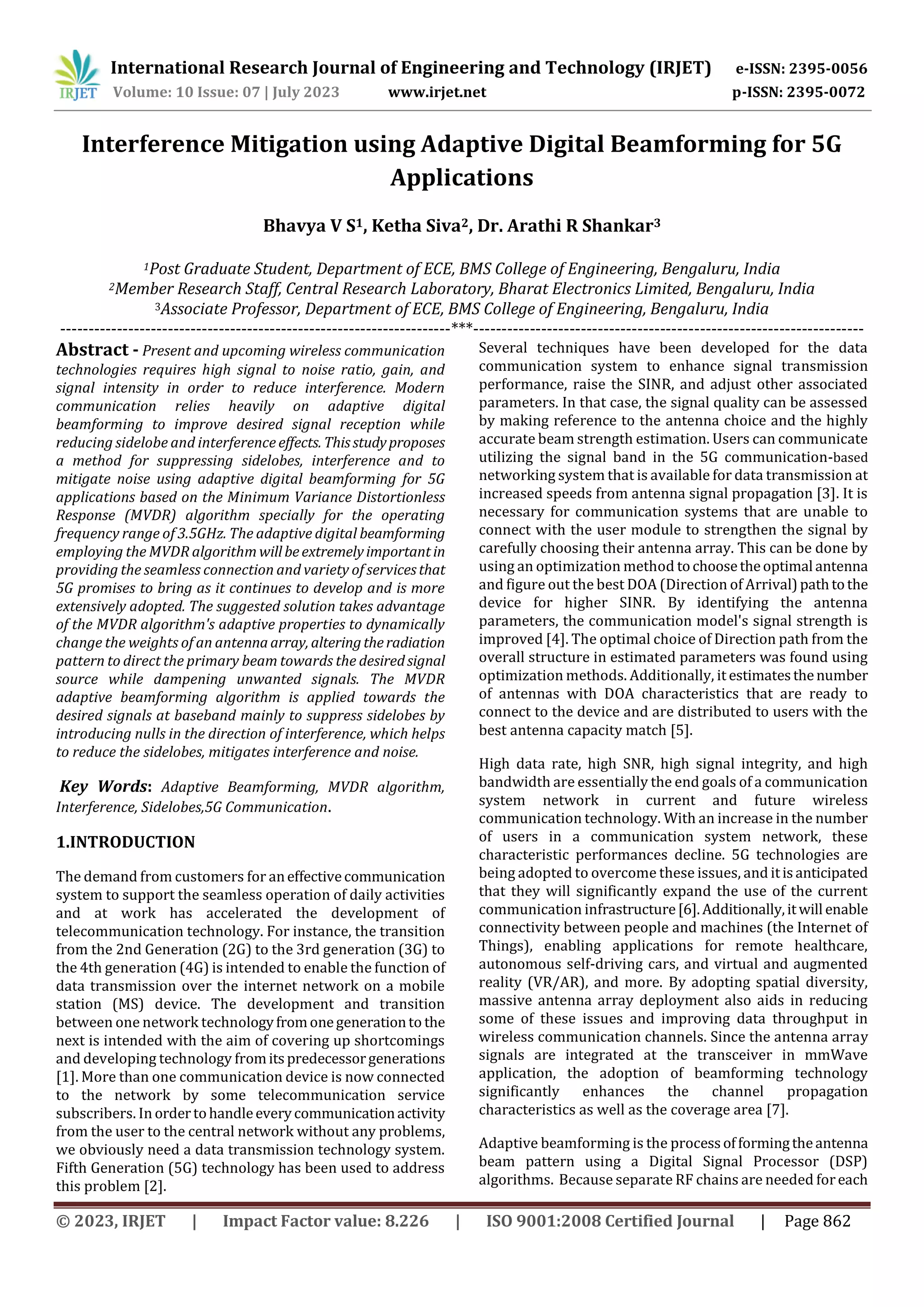 Interference Mitigation using Adaptive Digital Beamforming for 5G Applications | PDF