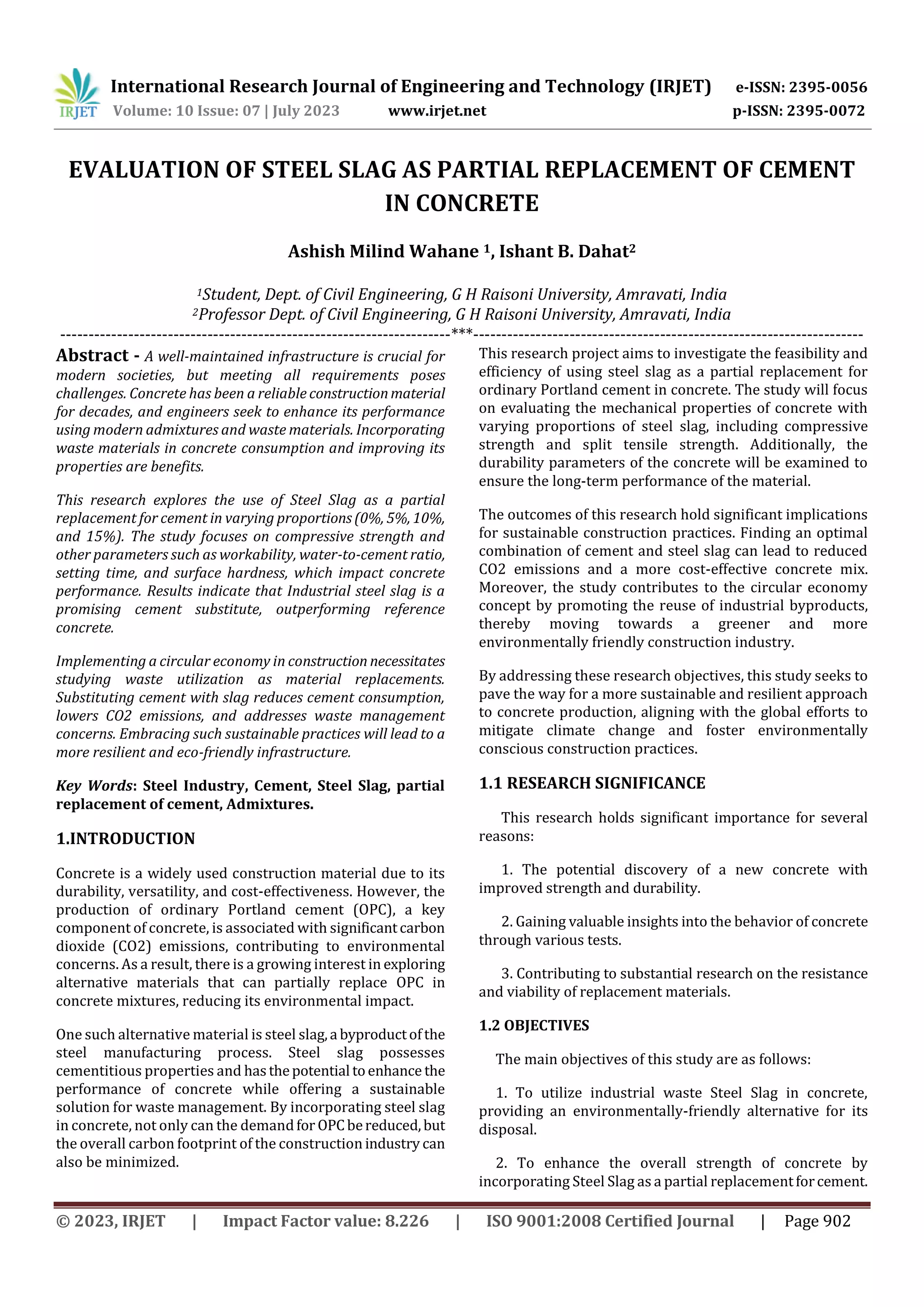 EVALUATION OF STEEL SLAG AS PARTIAL REPLACEMENT OF CEMENT IN CONCRETE | PDF