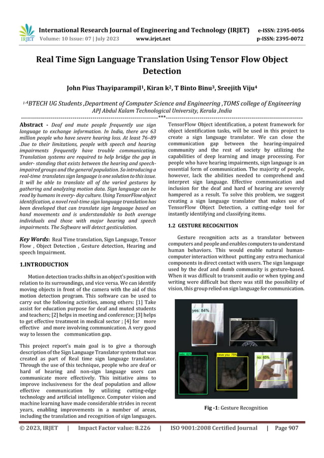 Real Time Sign Language Translation Using Tensor Flow Object Detection | PDF