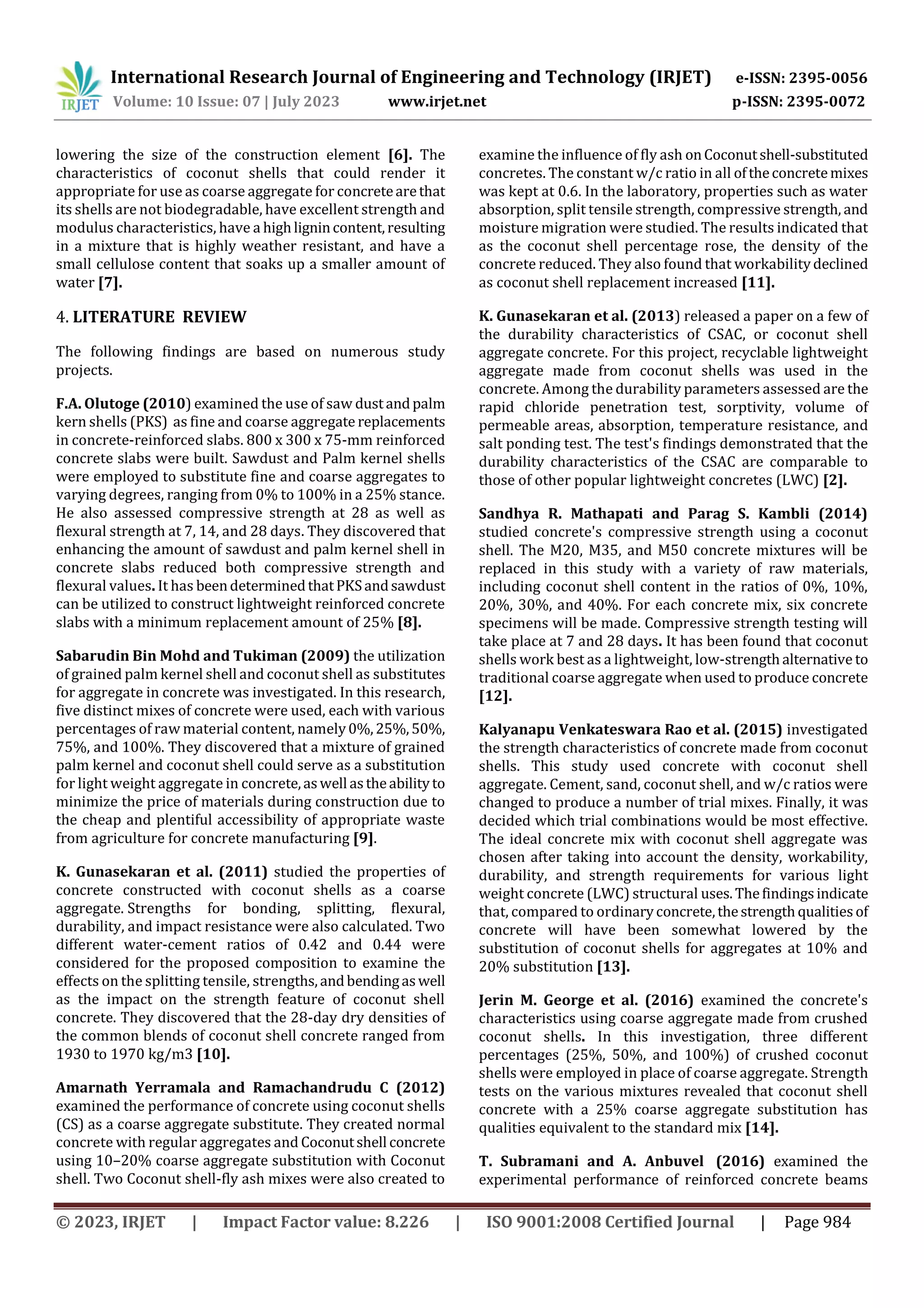 A STUDY ON IMPLEMENTATION OF COCONUT SHELL AS A COARSE AGGREGATE IN CONCRETE – AN OVERVIEW | PDF