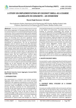 A STUDY ON IMPLEMENTATION OF COCONUT SHELL AS A COARSE AGGREGATE IN CONCRETE – AN OVERVIEW | PDF ...