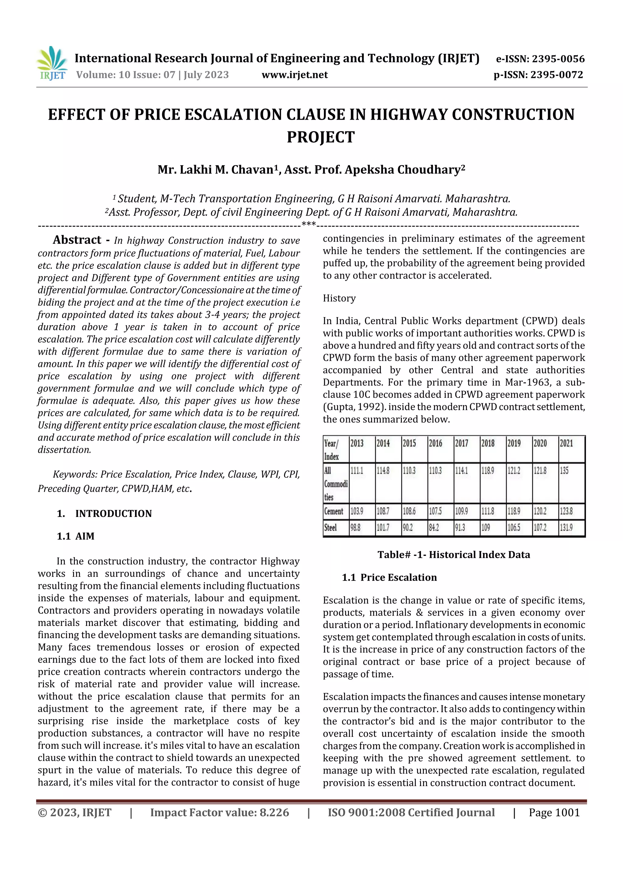 EFFECT OF PRICE ESCALATION CLAUSE IN HIGHWAY CONSTRUCTION PROJECT | PDF