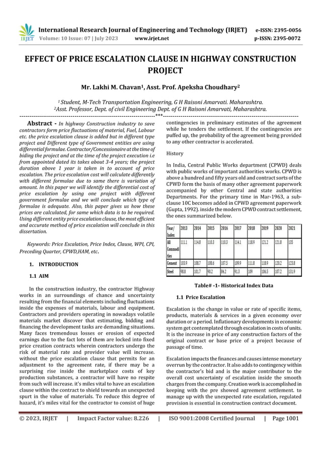 EFFECT OF PRICE ESCALATION CLAUSE IN HIGHWAY CONSTRUCTION PROJECT | PDF